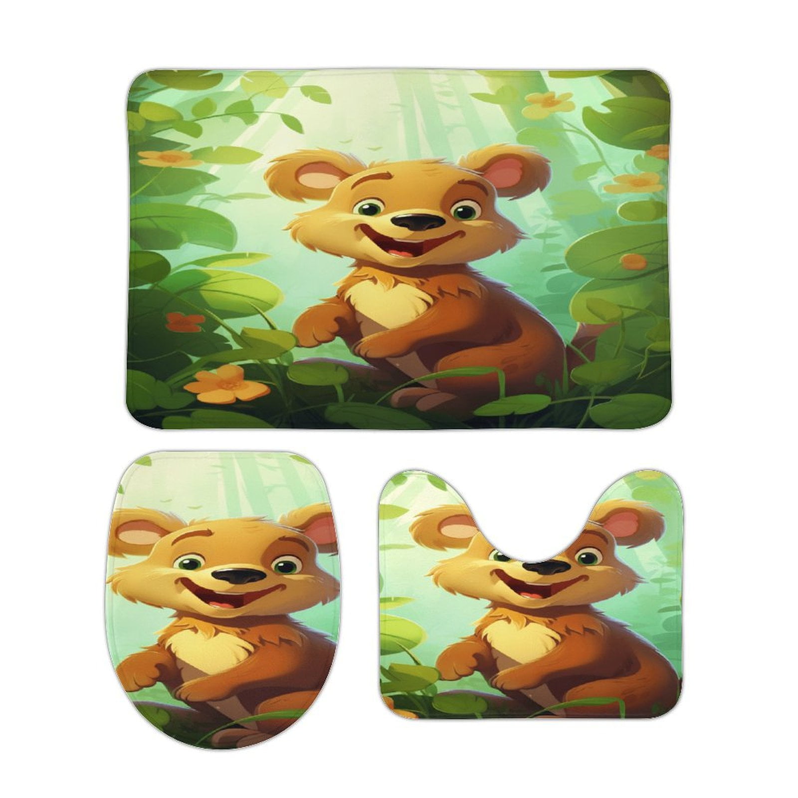 Green Leaf Jungle Animals Bathroom Rugs Set 3 Piece with Non-Slip Bath ...
