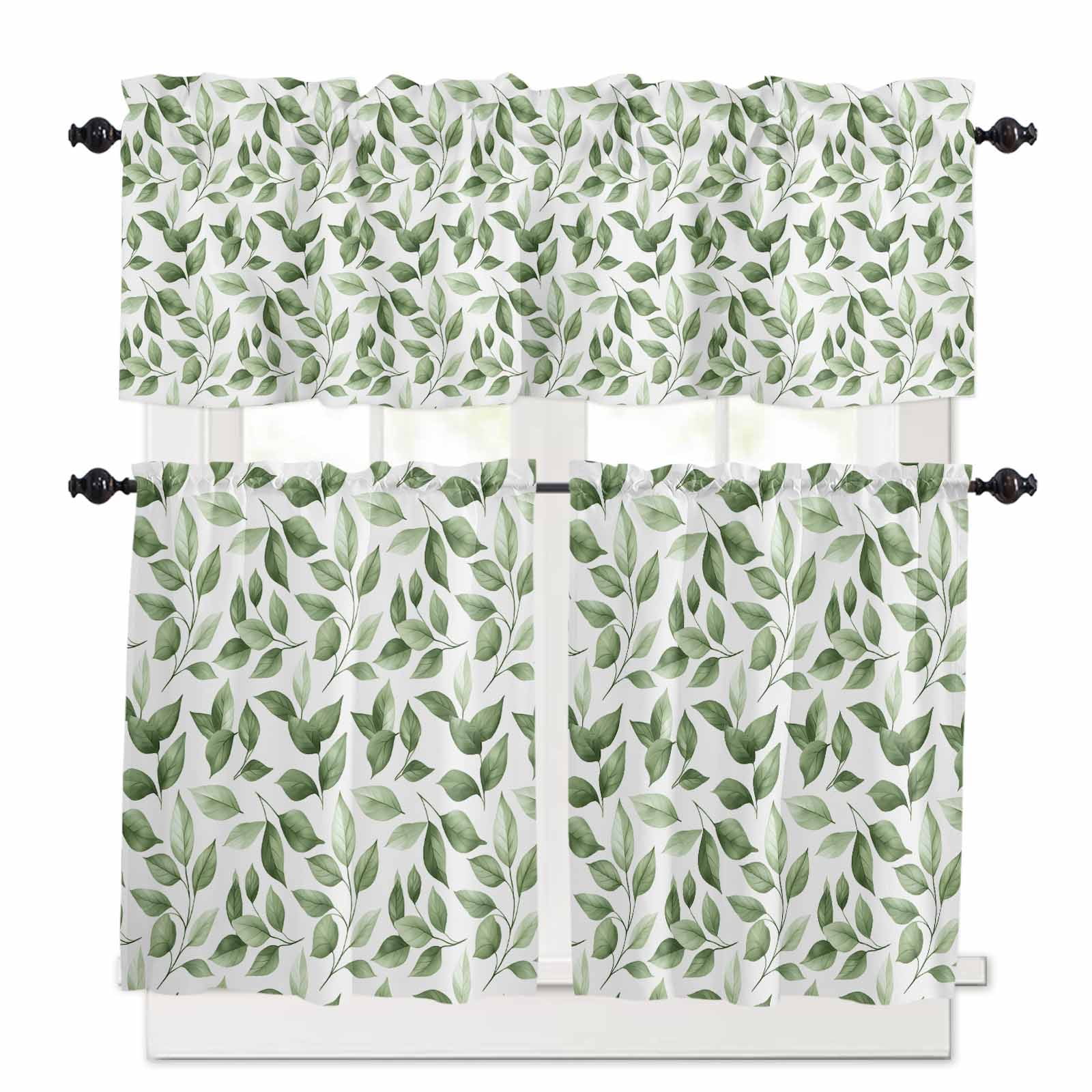 Green Leaf Kitchen Curtains Set for Windows 3 Pieces,24 Inch Length ...