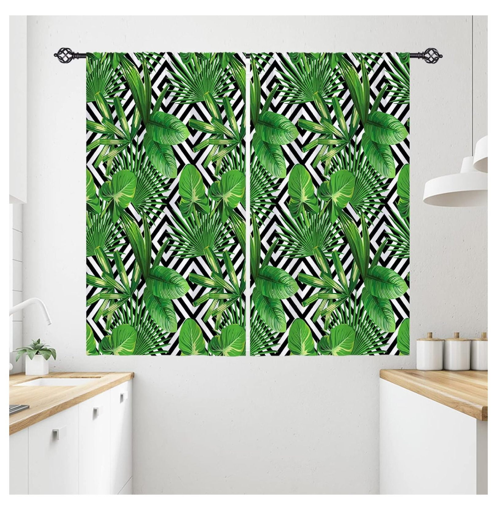 Green Leaf Kitchen Curtains - Tropical Plant Theme Banana Leaf Palm ...