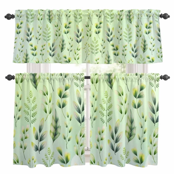 Green Leaf Kitchen Curtains Valances and Tiers 3pcs Spring Plant Branch ...