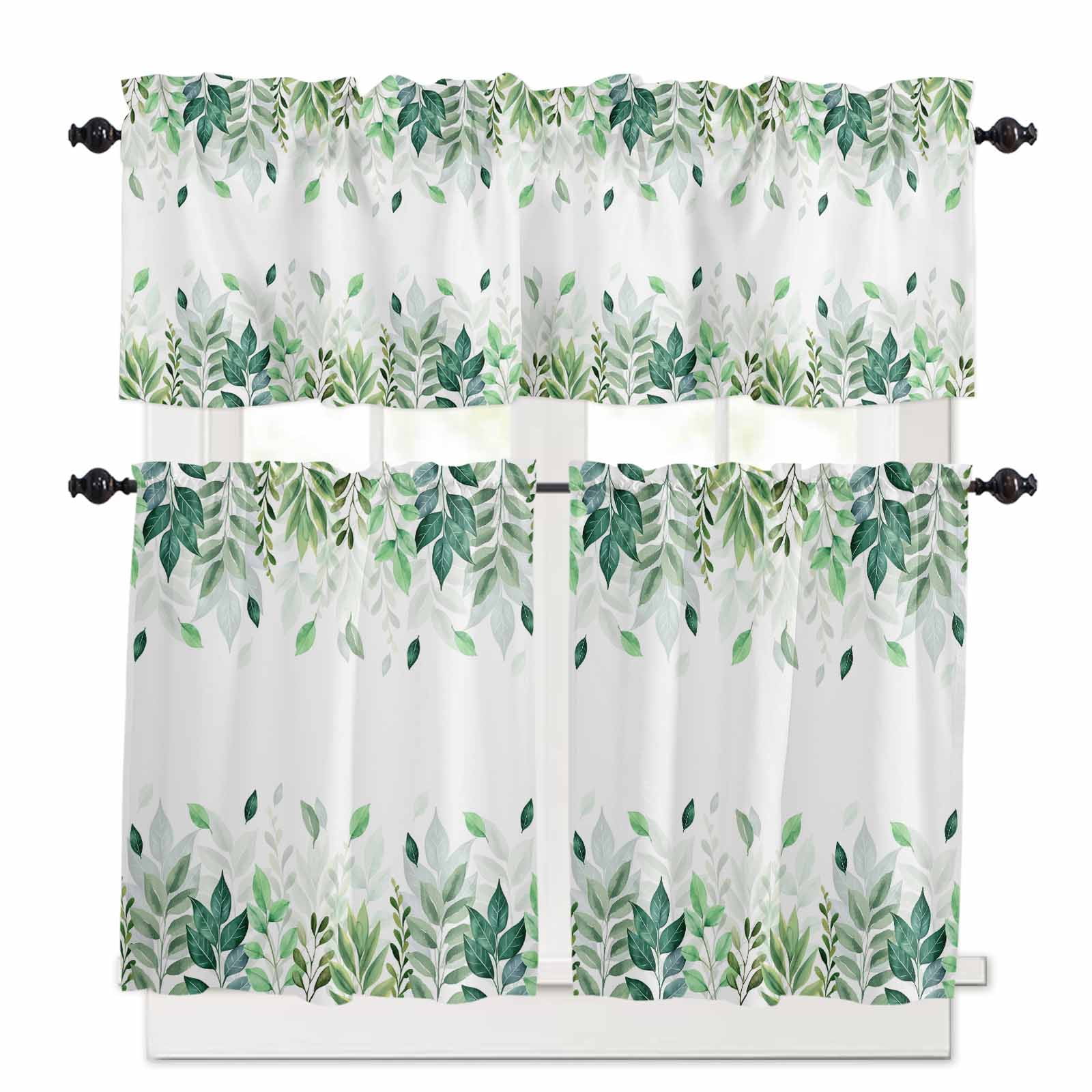 Green Leaf Kitchen Curtains Valances and Tiers Set of 3 Pastoral Plant ...