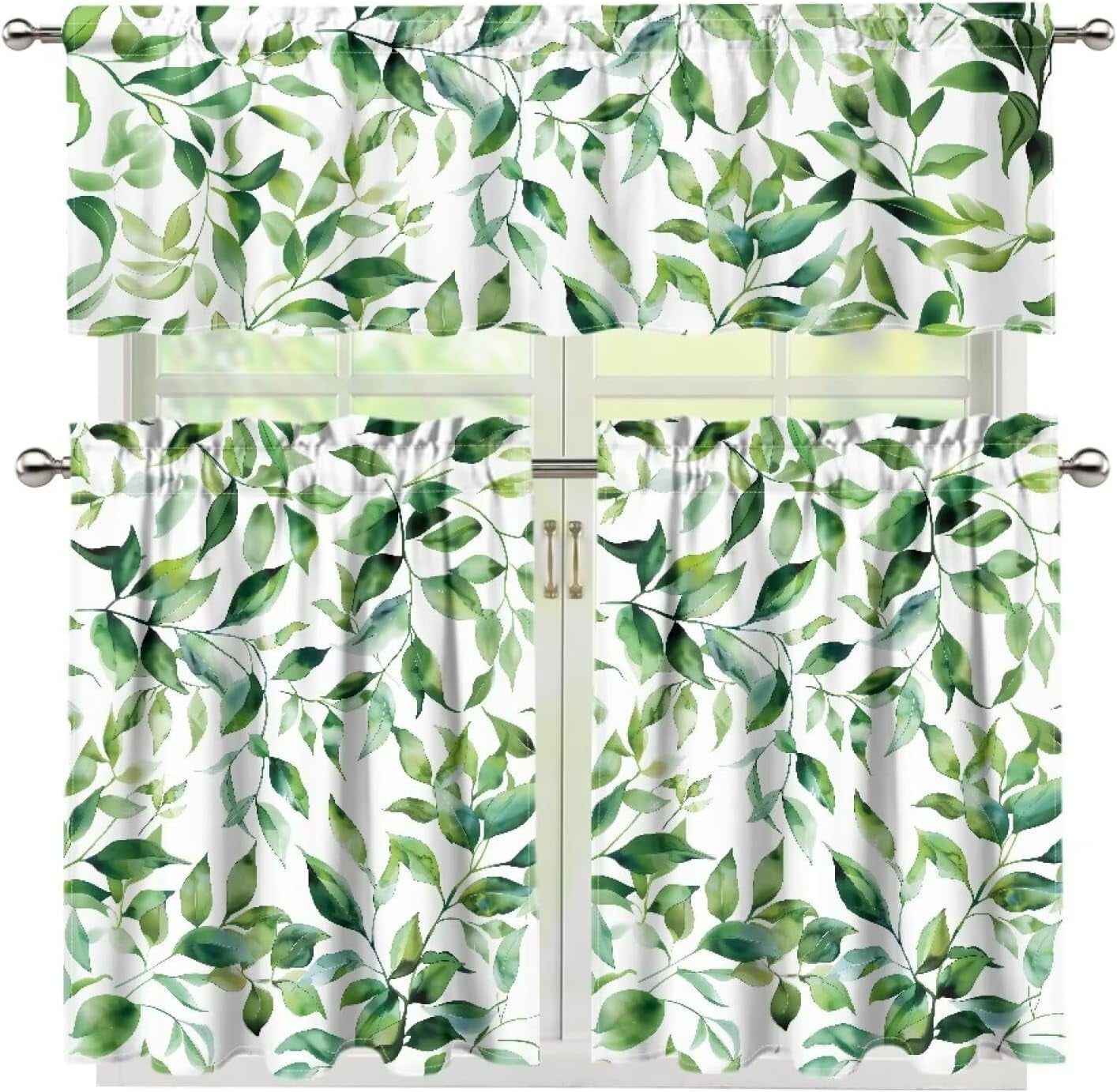 Green Leaf Kitchen Valance & Tier Set Spring Small Half Window Curtains ...