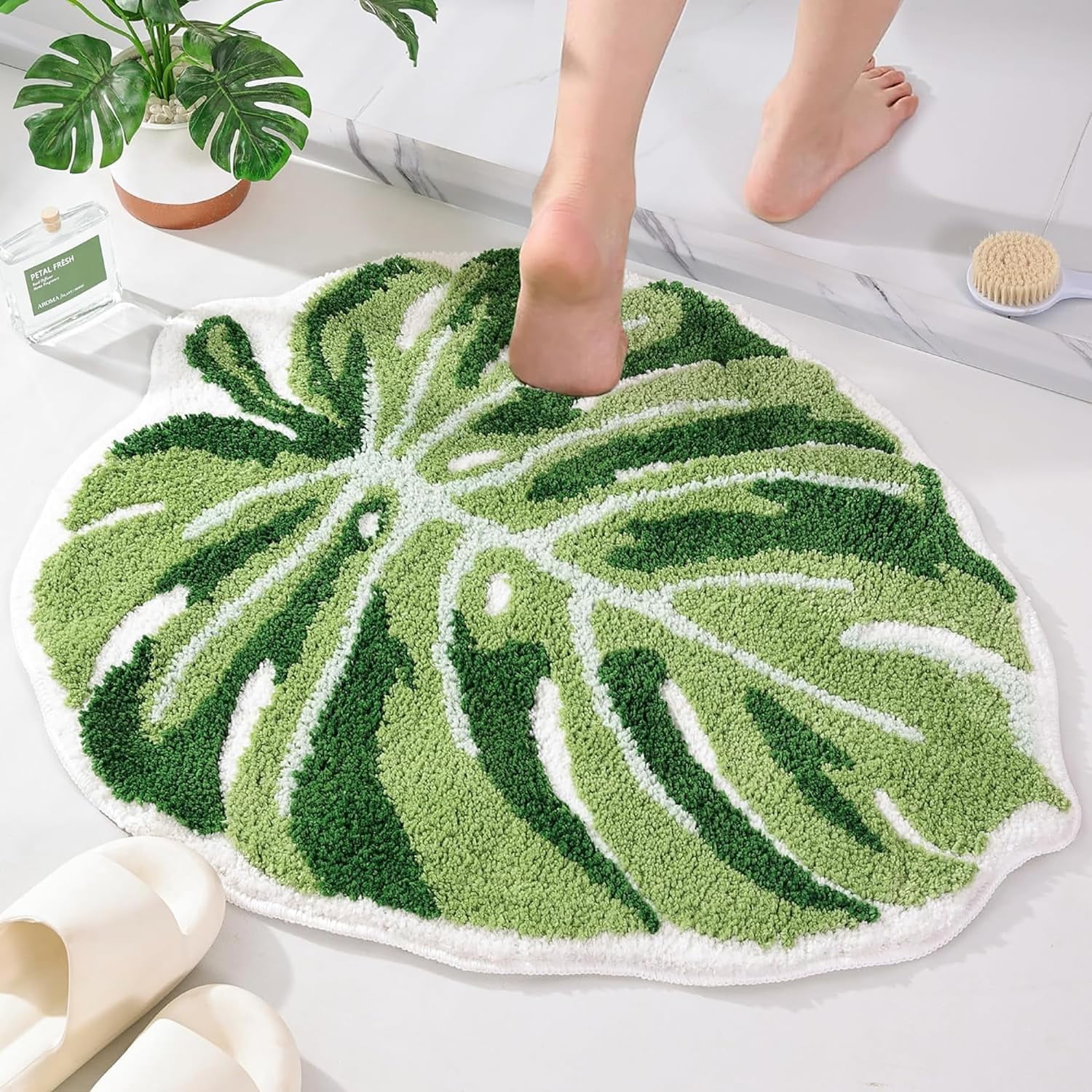 Green Leaf Mat, Large Monstera Cute Non Slip Palm Shaped Plush Fun ...