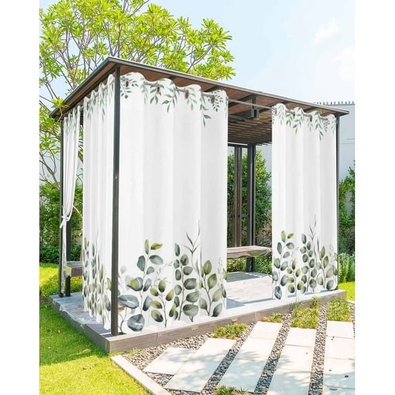 Green Leaf Outdoor Curtains for Patio, Plant Pastoral Watercolor Leaves ...