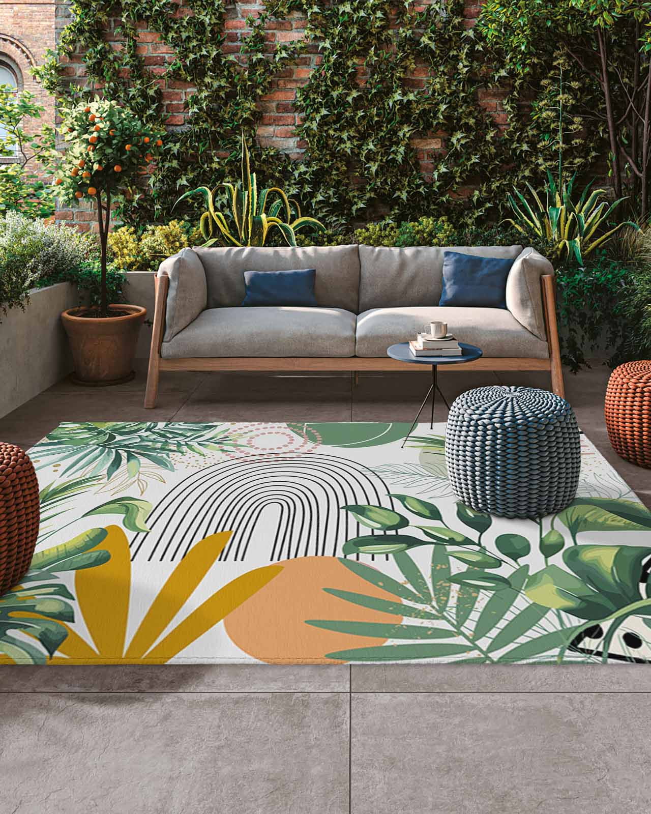 Green Leaf Outdoor Rug, Geometric Line Simple Abstract Tropical Plants ...
