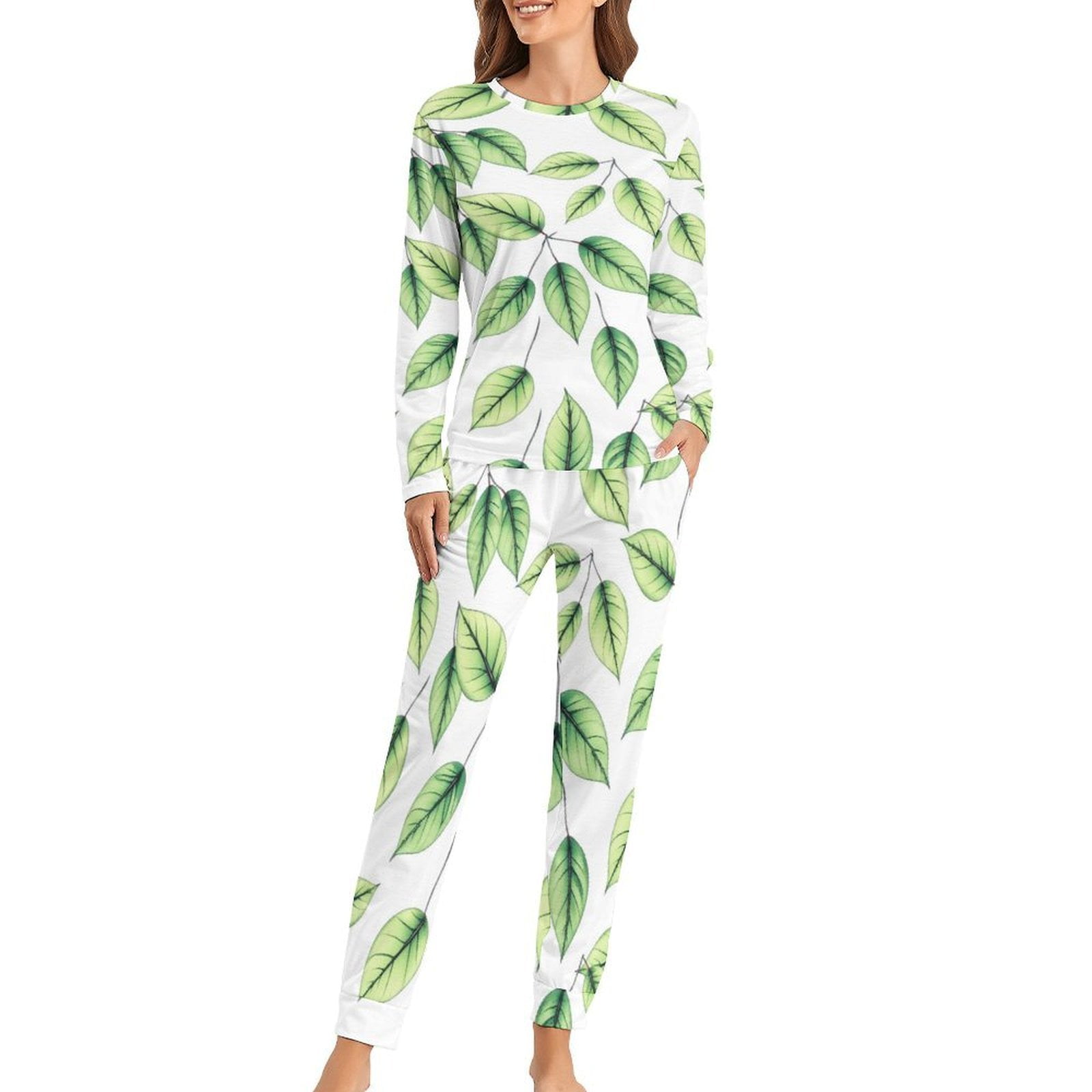 Green Leaf Pattern Pajamas Woman Long Sleeves Cute Pajama Sets Two ...