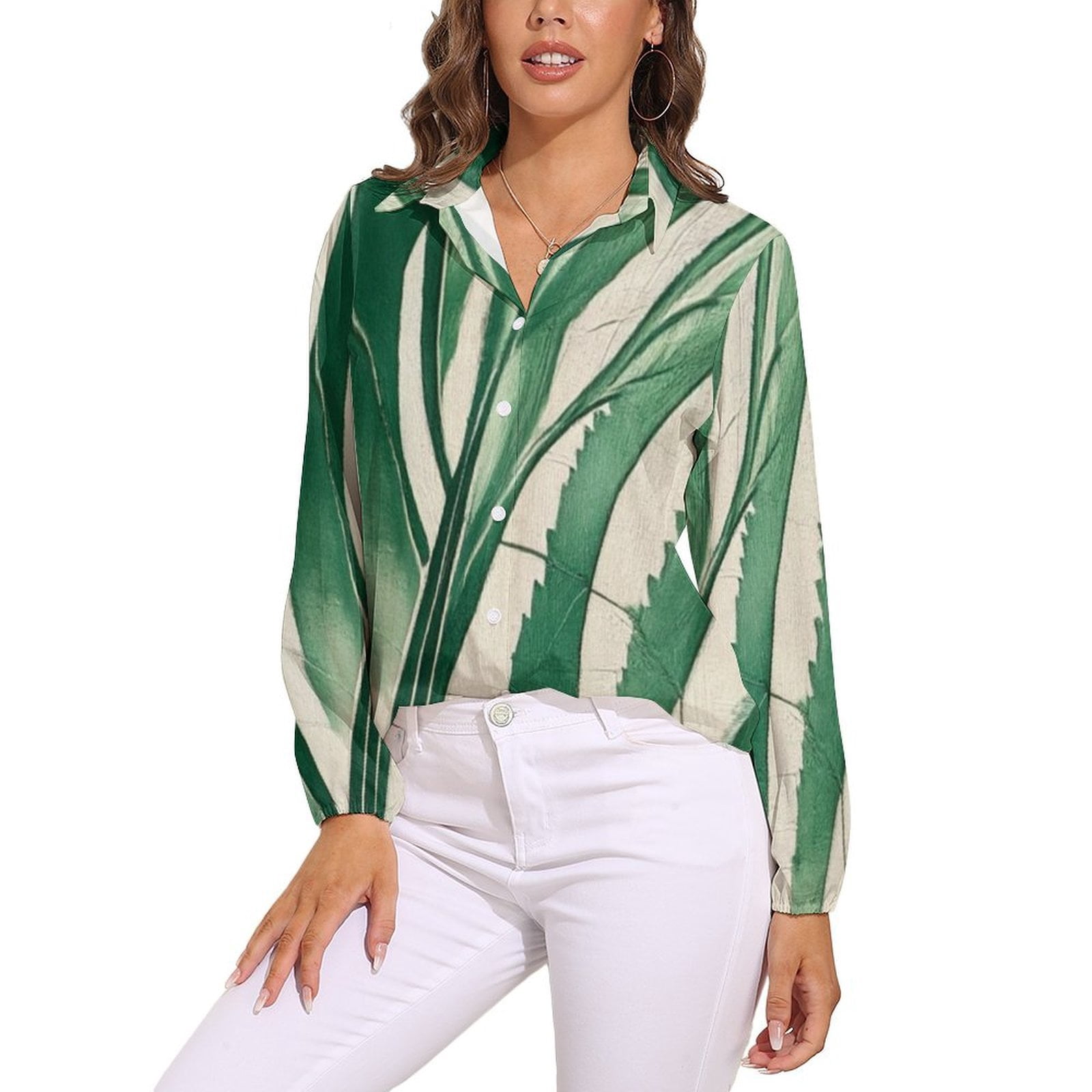 Green Leaf Pattern Print 1 Vntage Casual Long Sleeve Shirt Blouse Woman ...