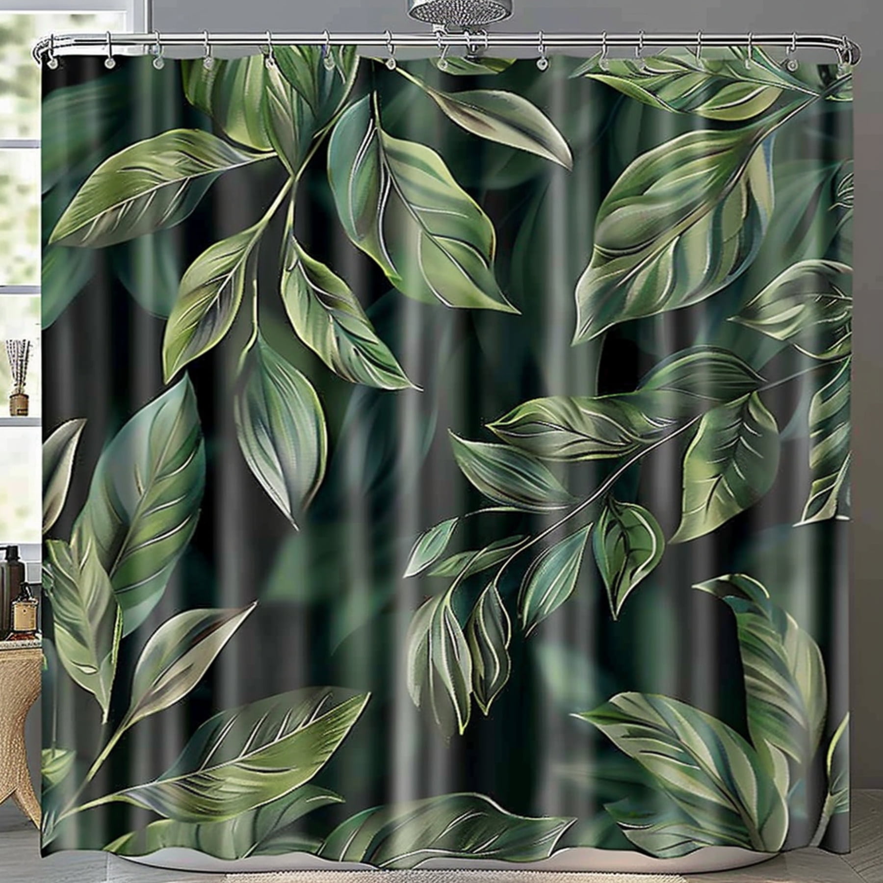 Green Leaf Pattern Shower Curtain Nature Garden Style Bathroom Decor ...