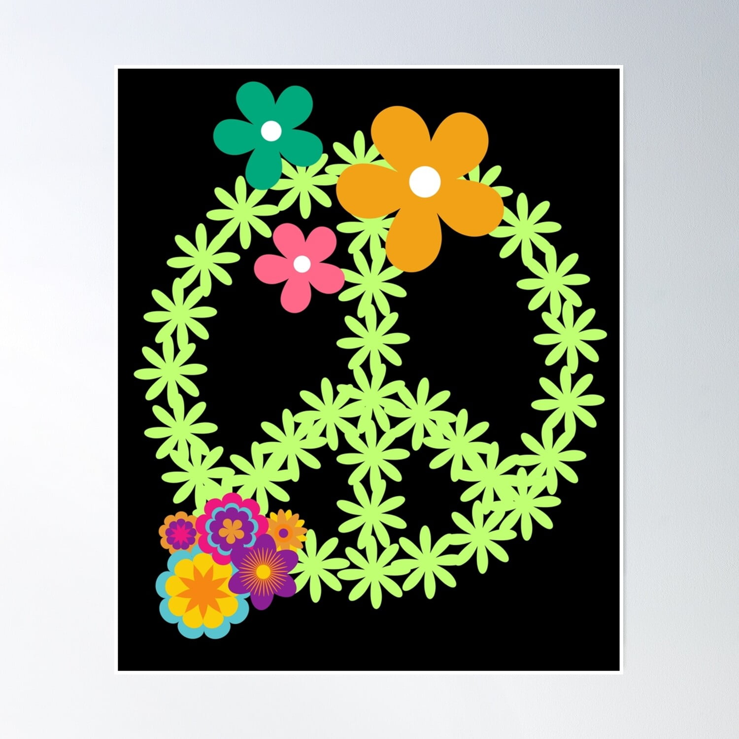 Green Leaf Peace Sign With Flowers Colorful Psychedelic 60S Design ...