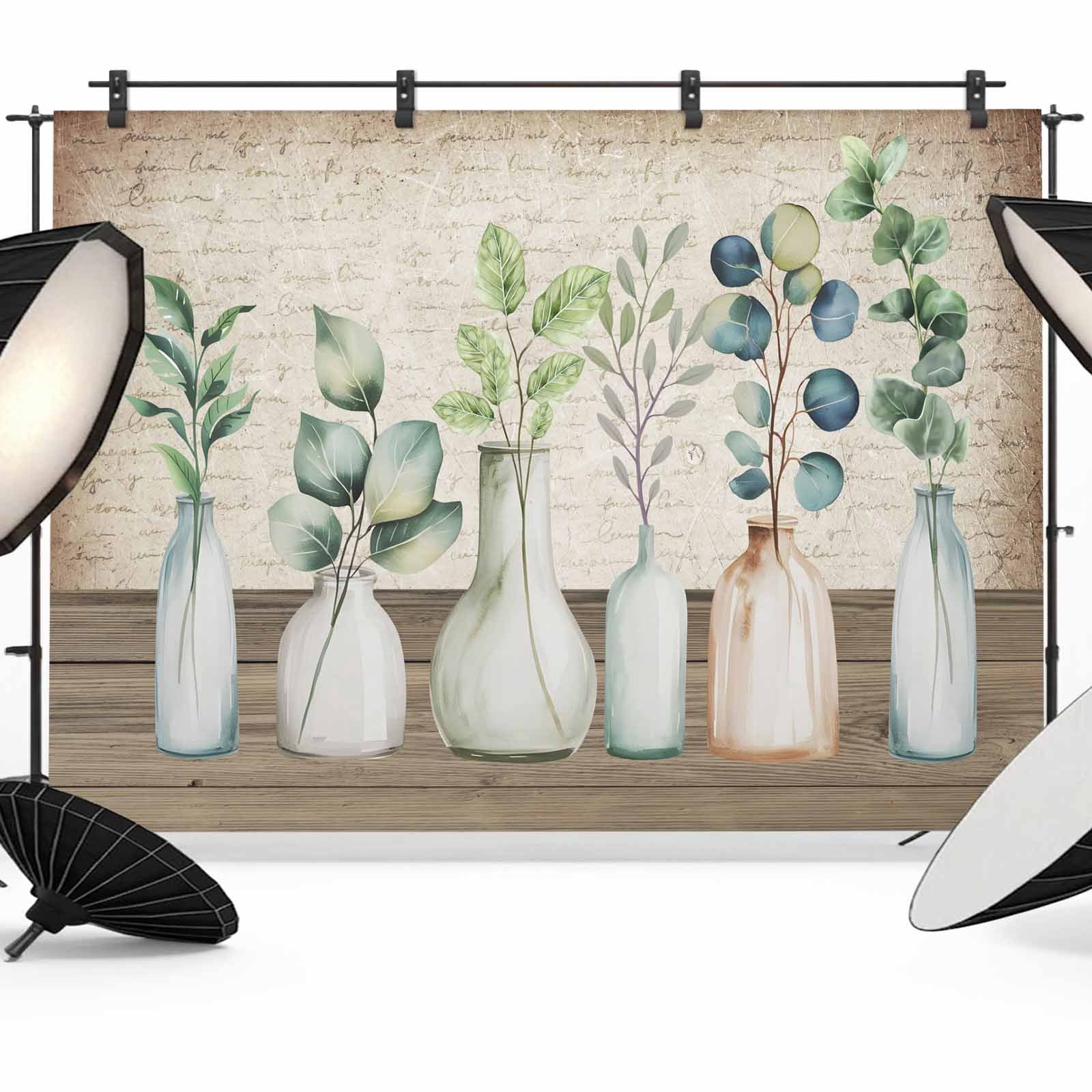 Green Leaf Photography Backdrop 8x6FT, Vase Vintage Paper Brown Wood ...