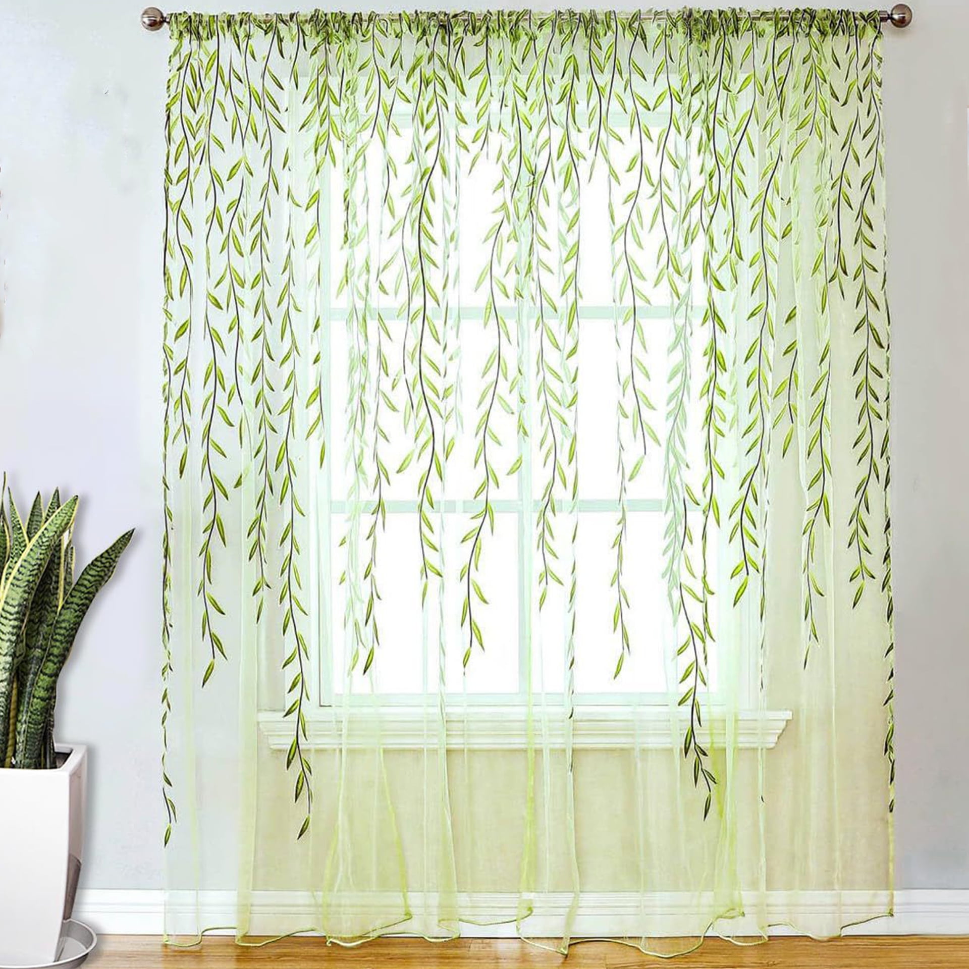 Green Leaf Print Sheer Curtains,Farmhouse Floral Curtains 78 Inches ...