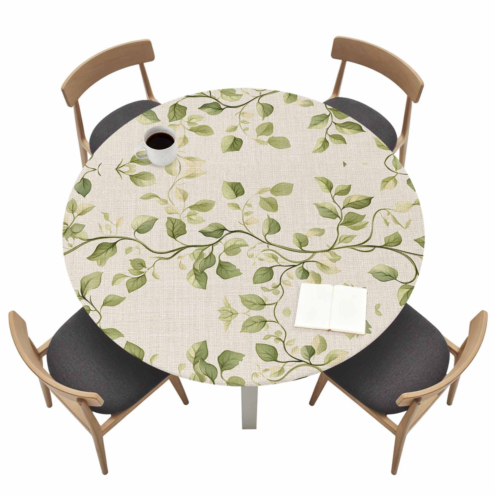 Green Leaf Round Fitted Tablecloth with Elastic Edge Vintage Spring ...