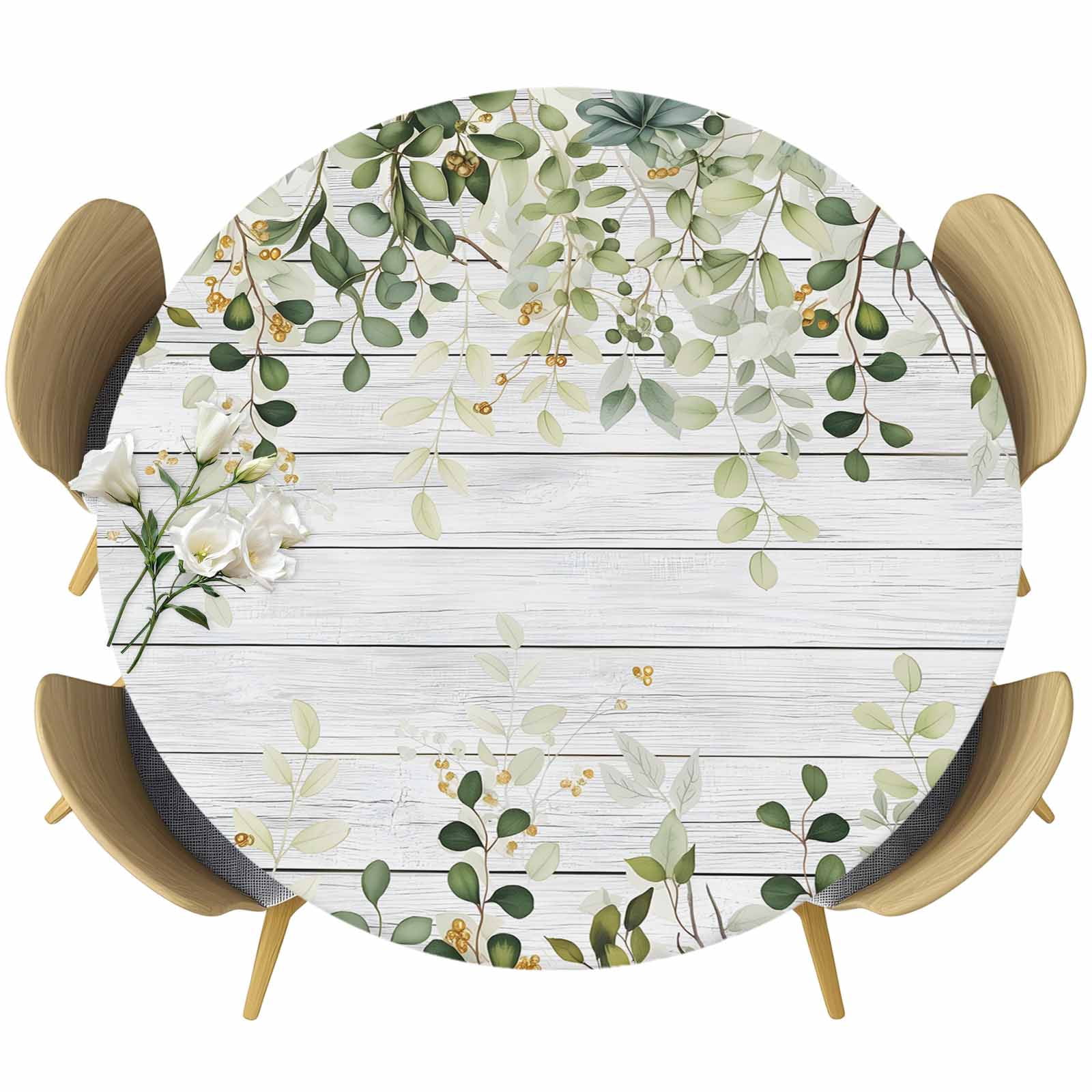Green Leaf Round Fitted Tablecloth with Elastic Edge, Watercolor ...