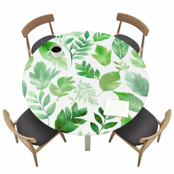 Green Leaf Round Fitted Tablecloth with Elastic Edge Watercolors Leaf ...
