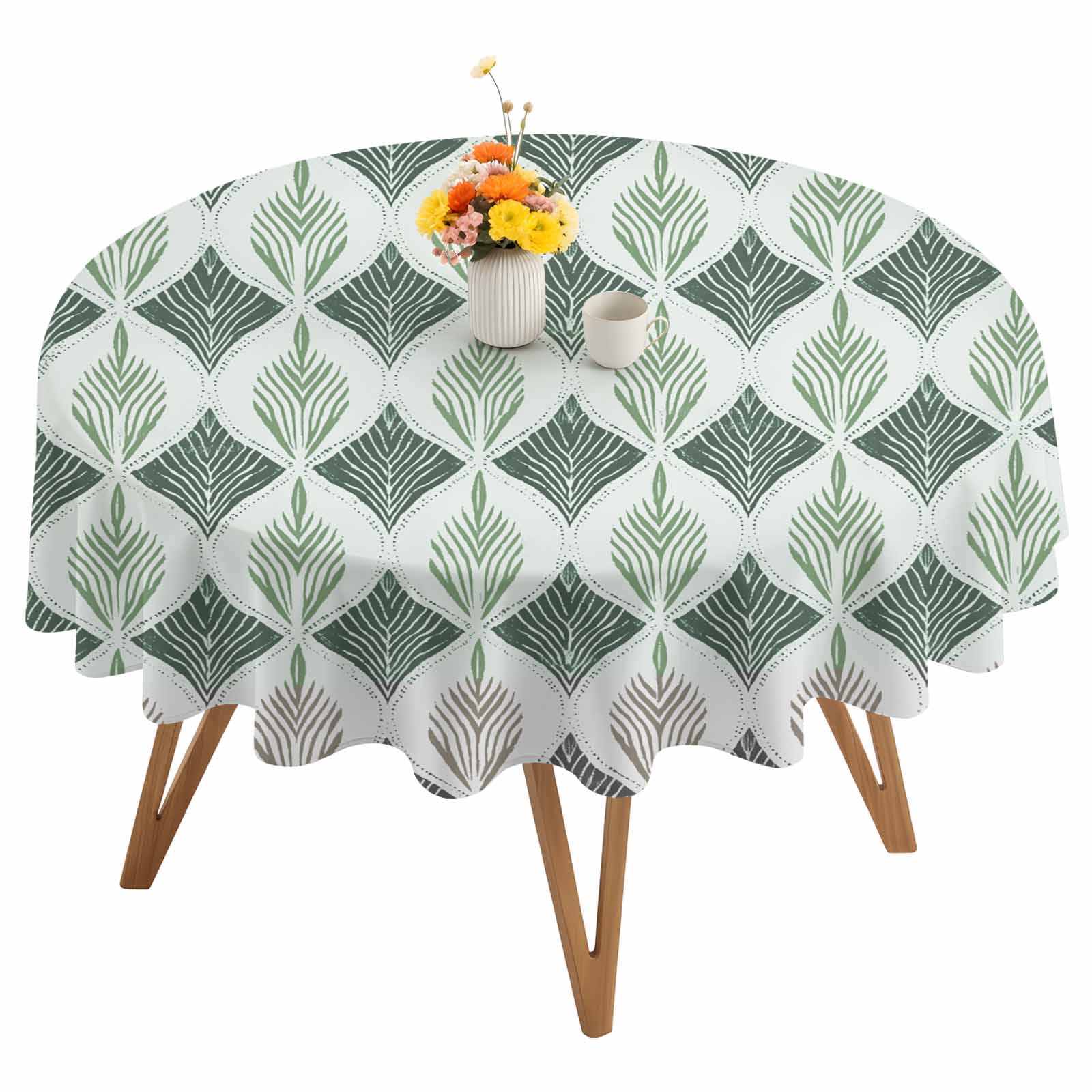 Green Leaf Round Tablecloth 54 inches Plant Leaves Abstract Geometric ...