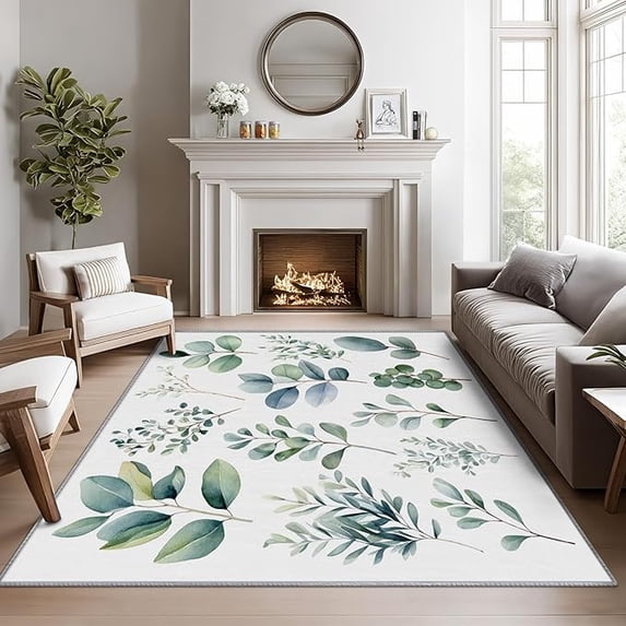 Green Leaf Rugs for Bedroom, Botanical Rug, Eucalyptus Leaves Area Rug ...