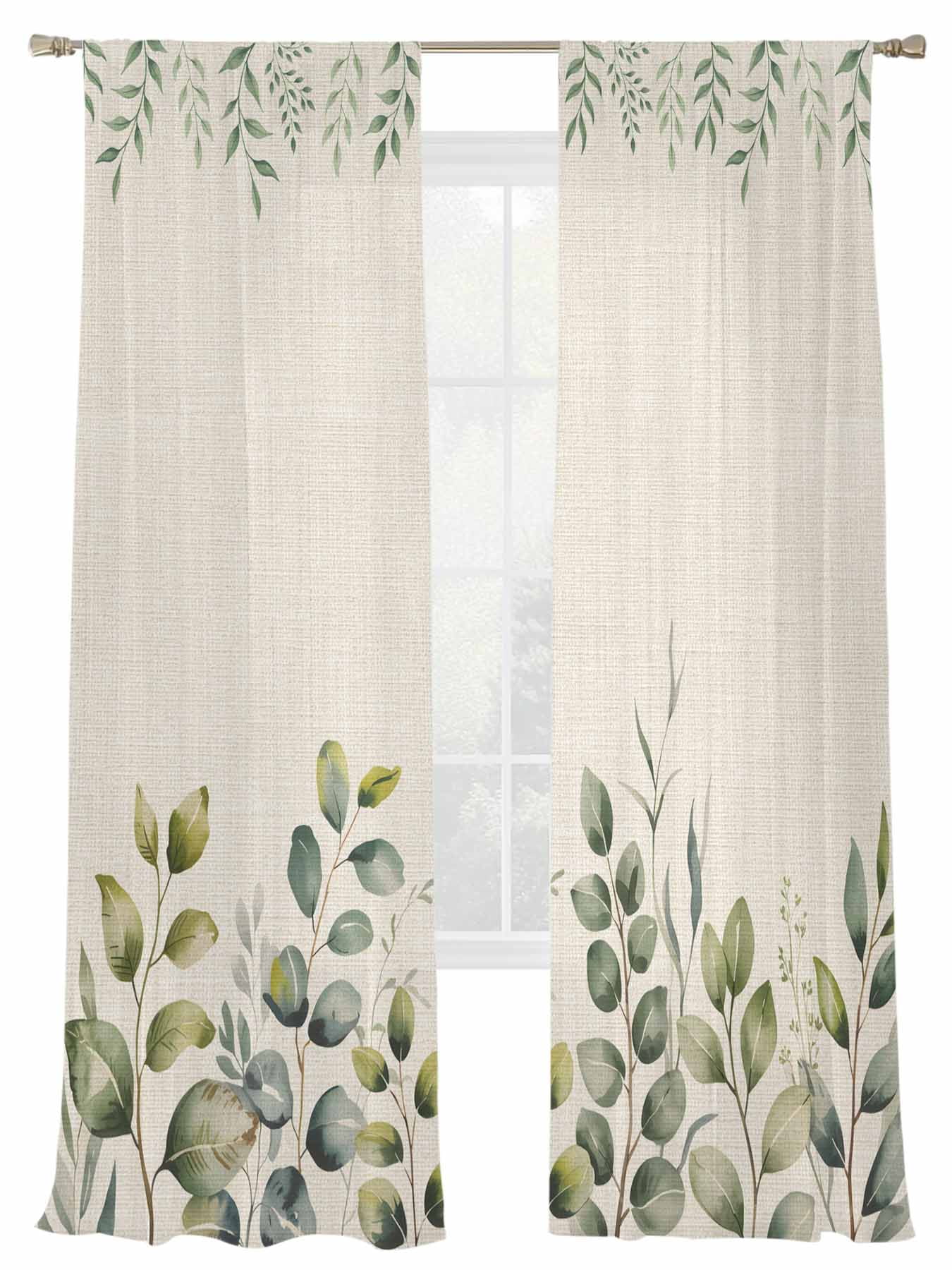 Green Leaf Sheer Curtains 108 Inch Long 2 Panels, Plant Pastoral ...