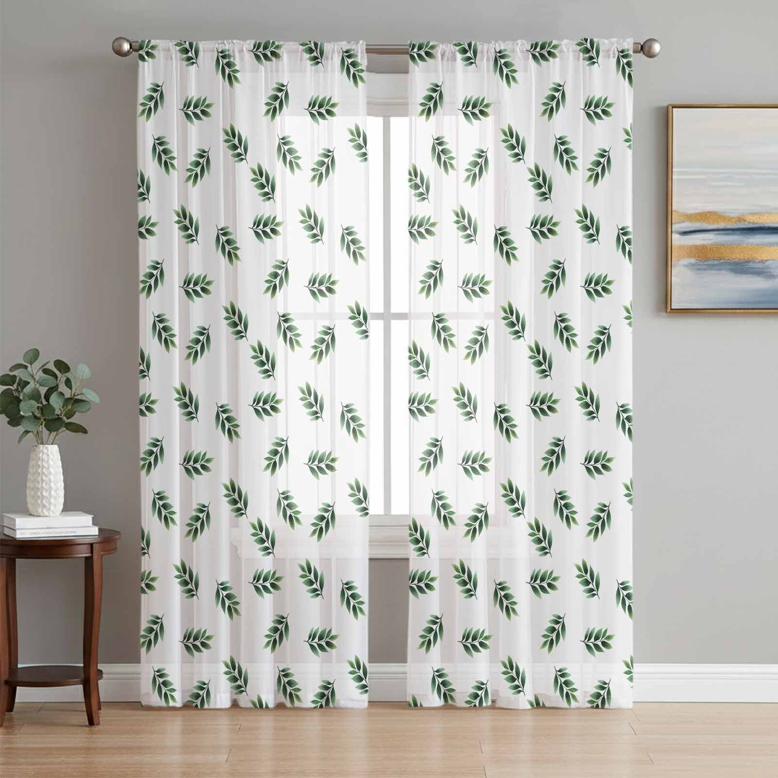 Green Leaf Sheer Curtains 96 Inch Length 2 Panels Set, Botanical Prints ...