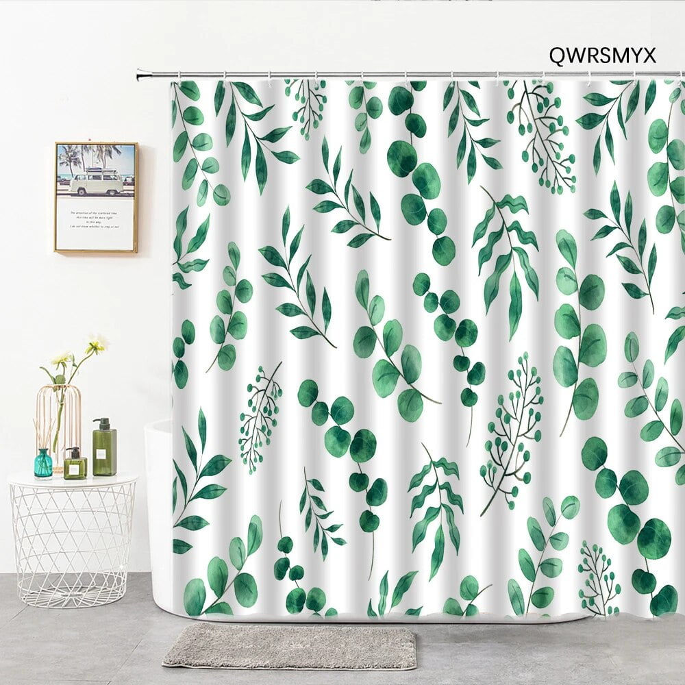 Green Leaf Shower Curtain Fabric Modern Simple Watercolor Plants ...