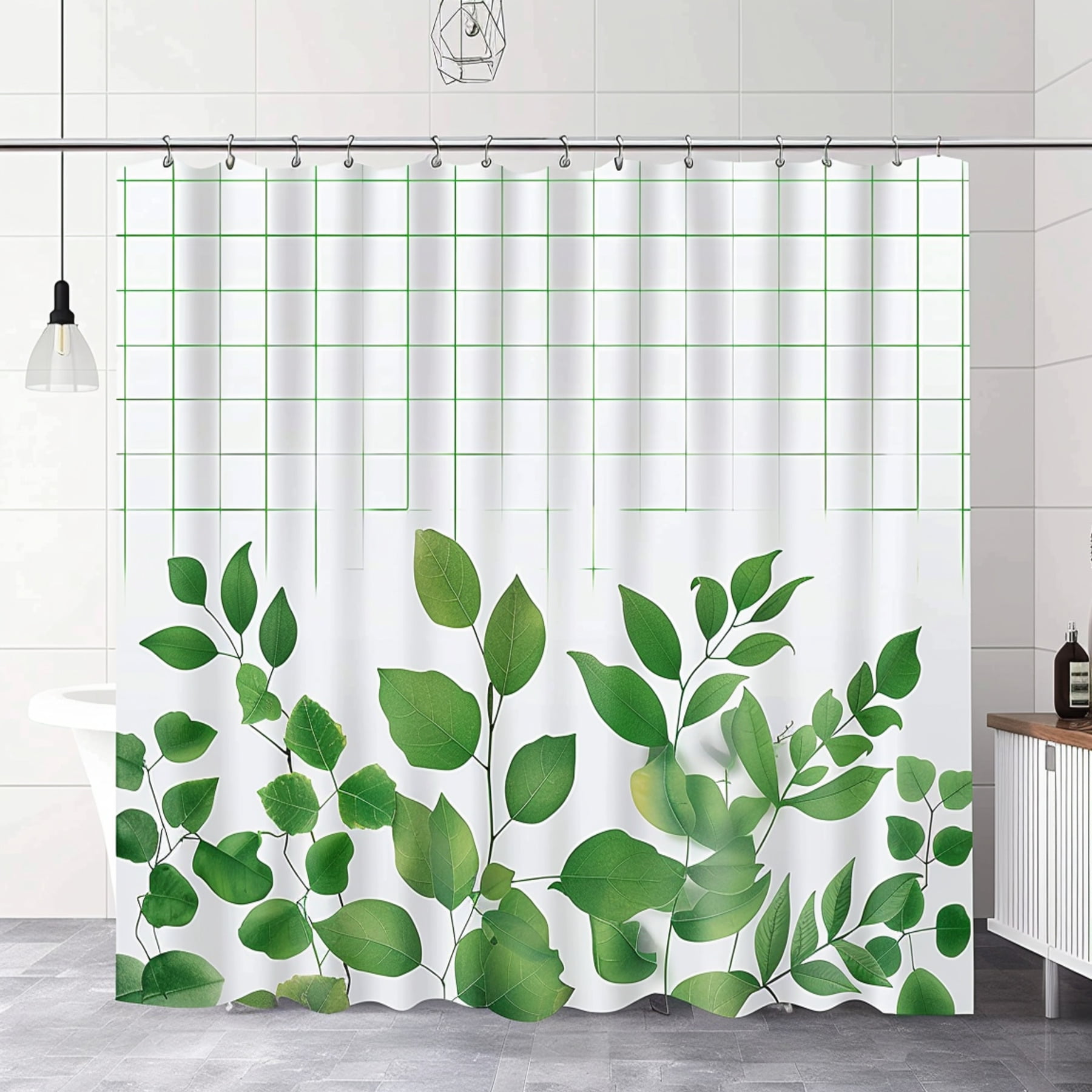 Green Leaf Shower Curtain Modern Style Bathroom Decor White Grid ...
