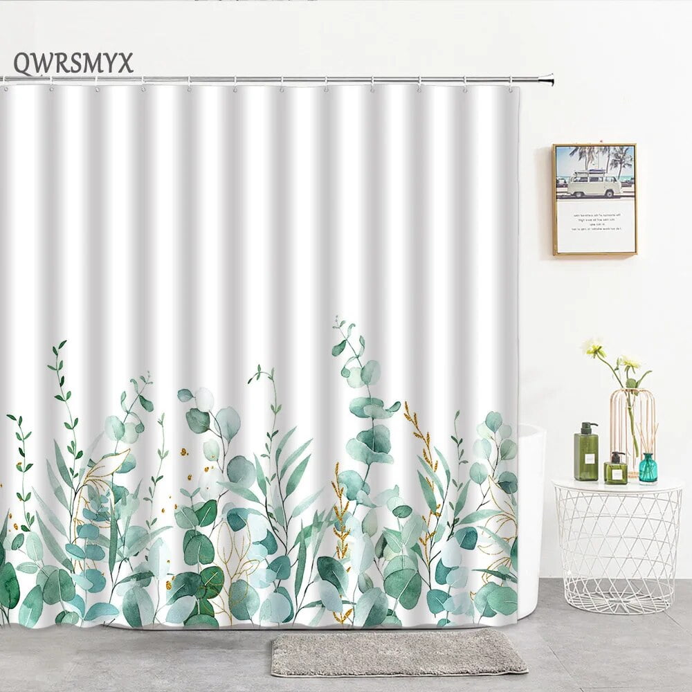 Green Leaf Shower Curtains Watercolor leaf Top Plant with floral ...