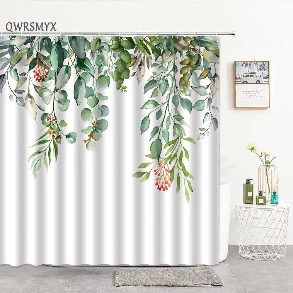 Green Leaf Shower Curtains Watercolor leaf Top Plant with floral ...
