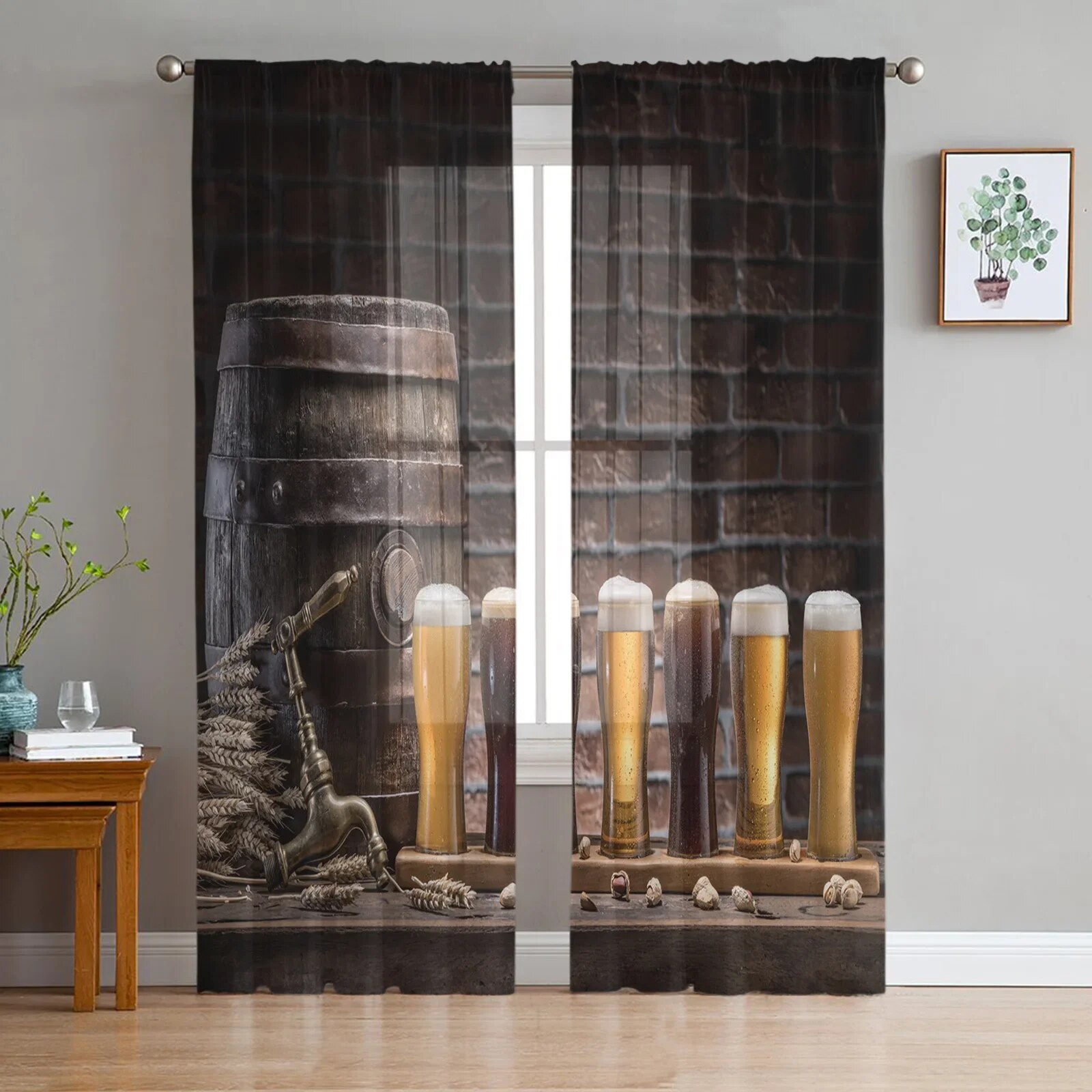 Green Leaf Stone Wall Tulle Curtains for Living Room Print Sheer Voile ...