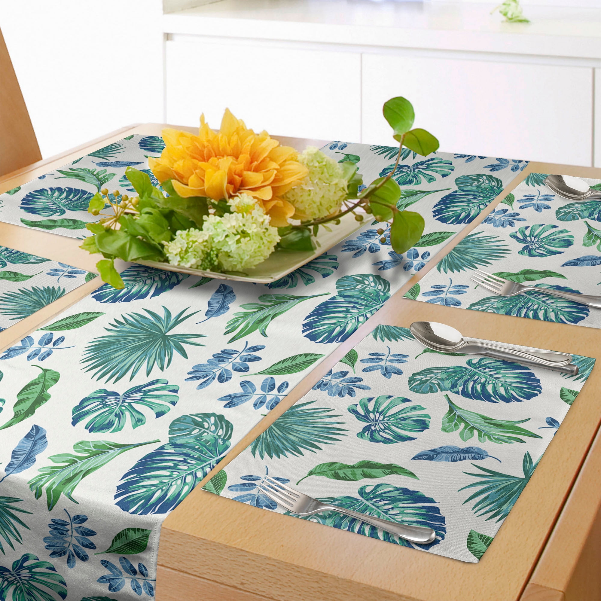 Green Leaf Table Runner & Placemats, Monstera Coconut Palm Tree Leaves ...