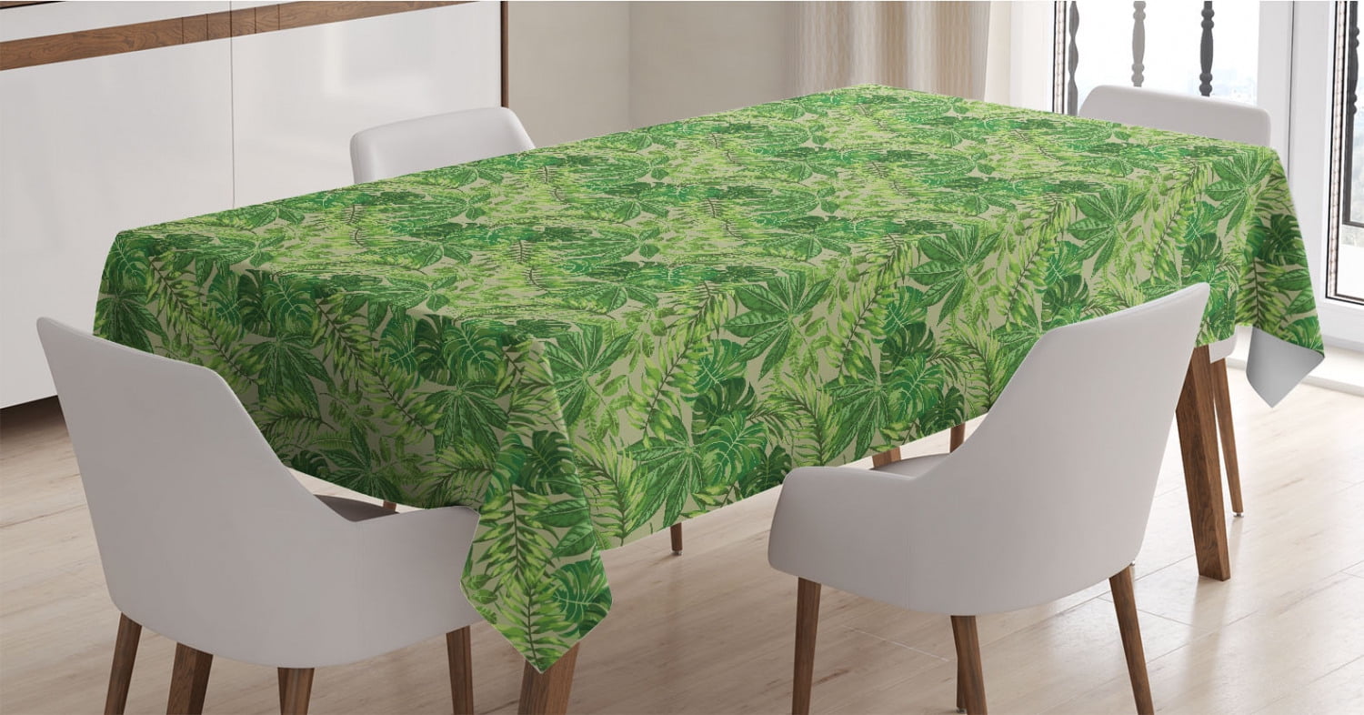 Green Leaf Tablecloth, Exotic Pattern with Tropical Leaves Fresh Jungle ...