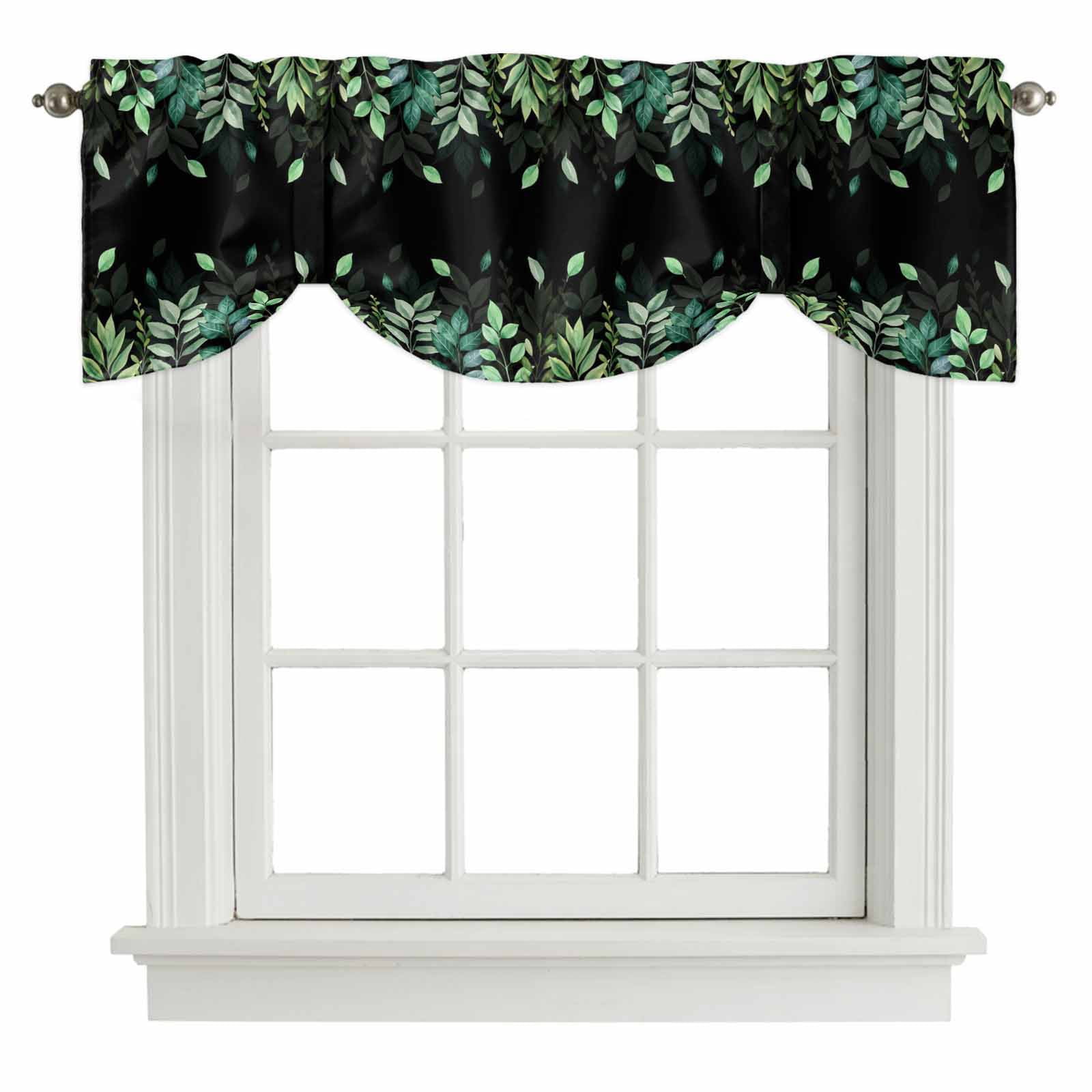 Green Leaf Tie Up Valance for Windows, Pastoral Plant Summer Leaf Black ...