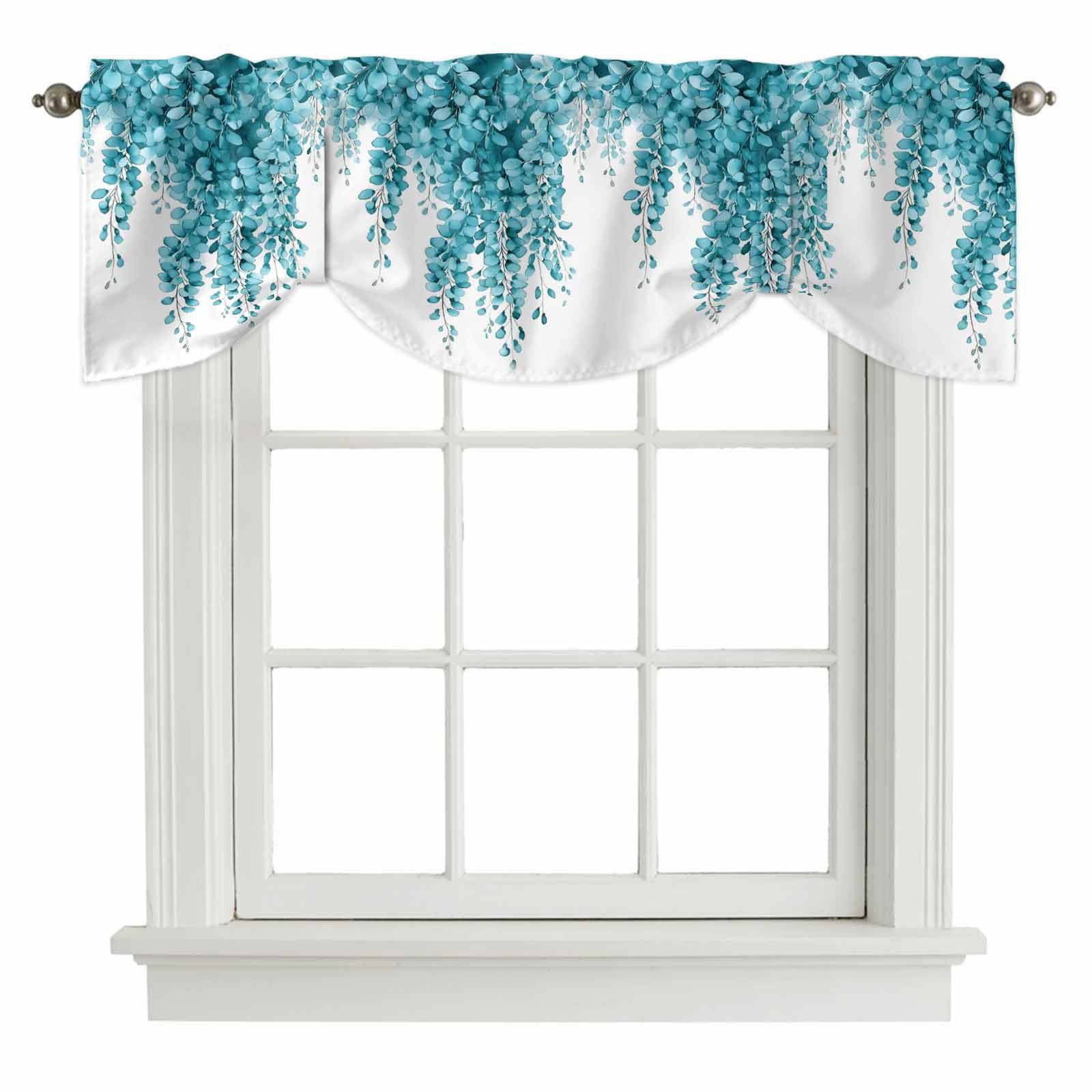 Green Leaf Tie Up Valance for Windows, Spring Vintage Watercolor Blue ...