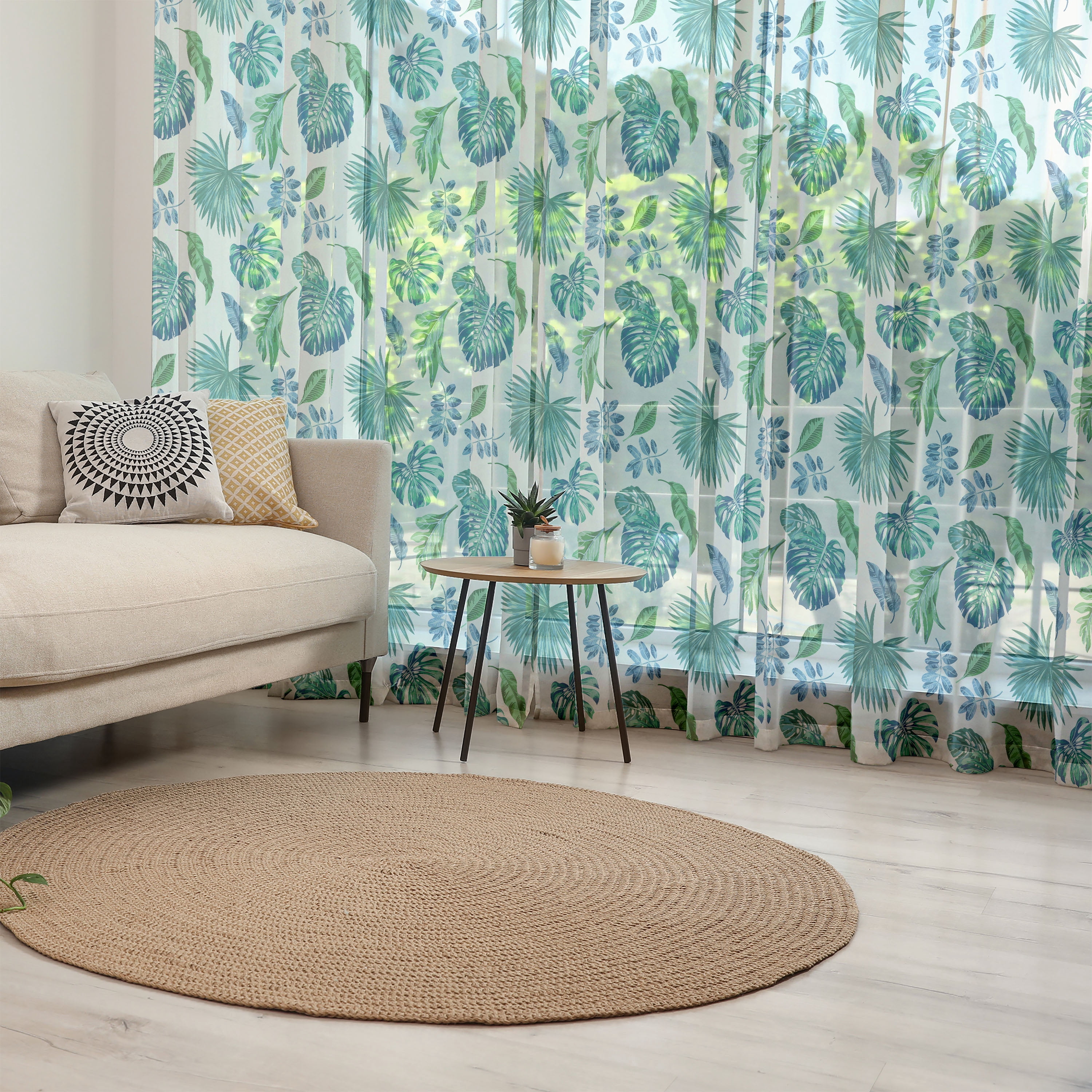 Green Leaf Tulle Curtains with Rod Pocket, Monstera Coconut Palm Tree ...