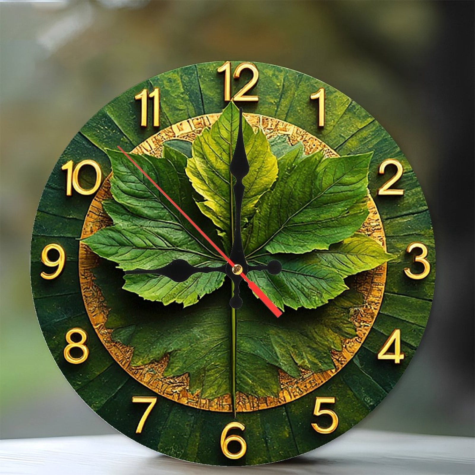 Green Leaf Wall Clock Home Decor 10-Inch Silent Wooden Wall Clock ...