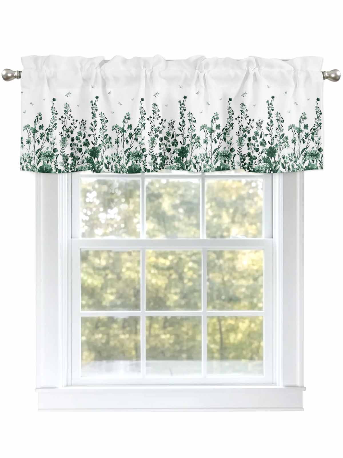 Green Leaf Window Valances for Kitchen, Flower Dragonfly Ink Style Rod ...