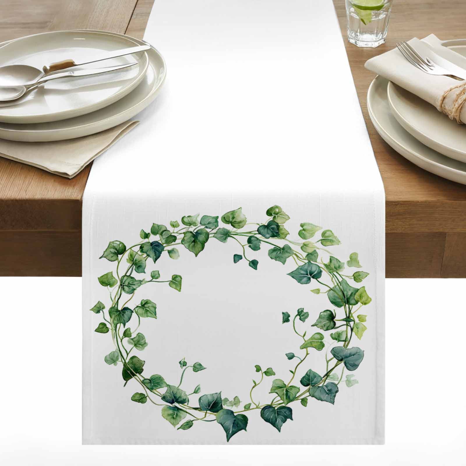 Green Leaf Wreath Cotton Linen Table Runner Spring Circle Flower Plant ...