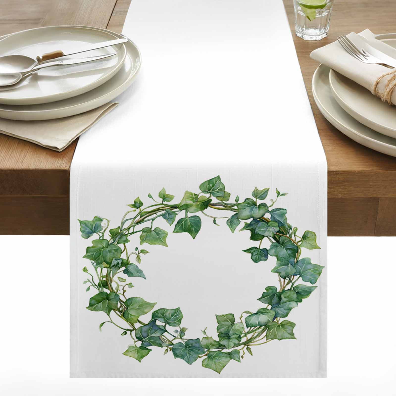 Green Leaf Wreath Cotton Linen Table Runner Spring Circle Flower Plant ...