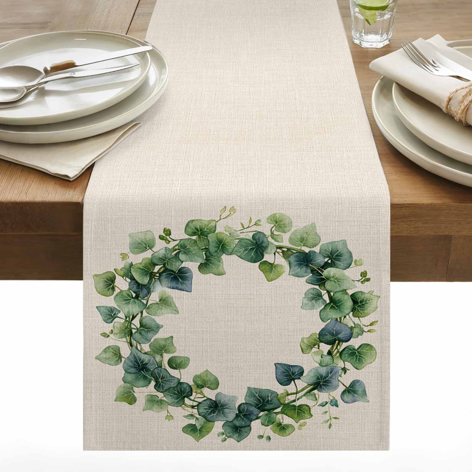 Green Leaf Wreath Cotton Linen Table Runner Spring Circle Flower Plant ...