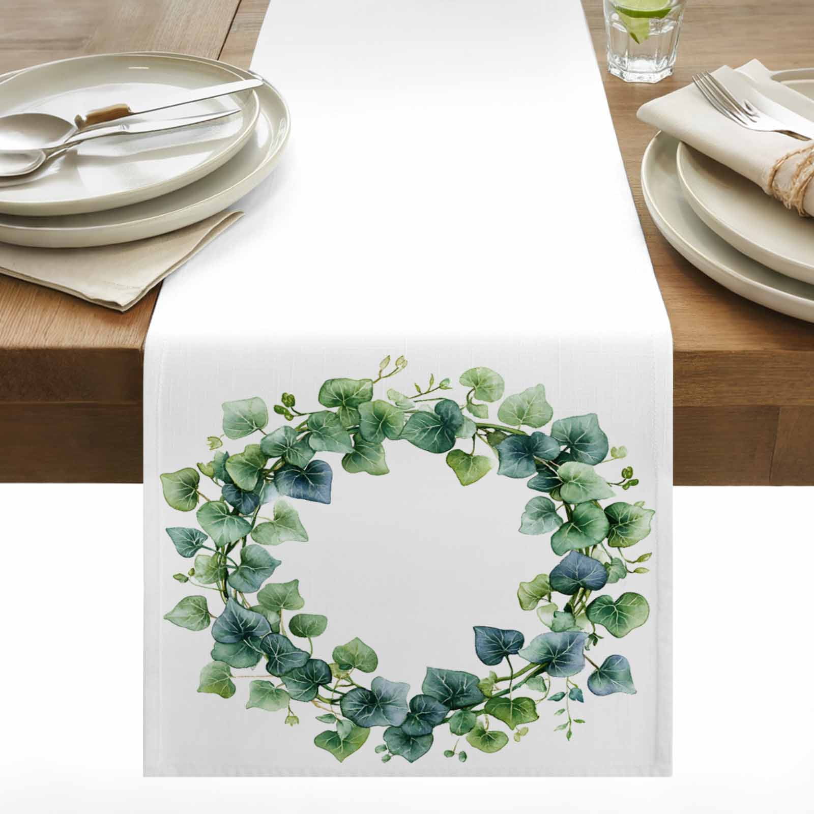 Green Leaf Wreath Cotton Linen Table Runner Spring Circle Flower Plant ...