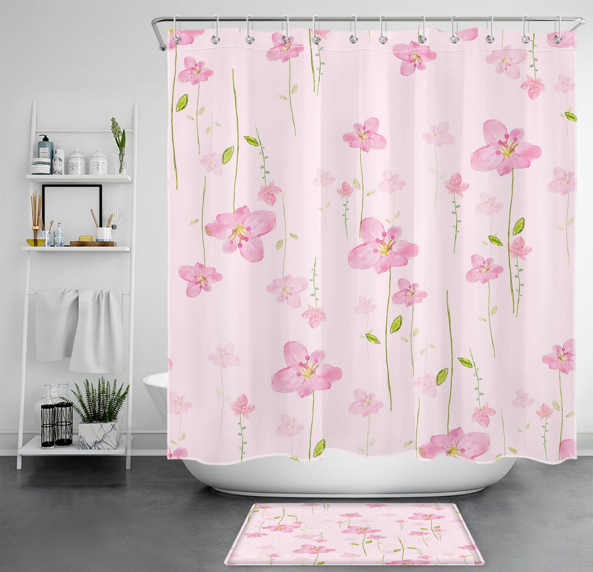 Green Leaf and Pink Floral Shower Set with Spring Watercolor Design ...