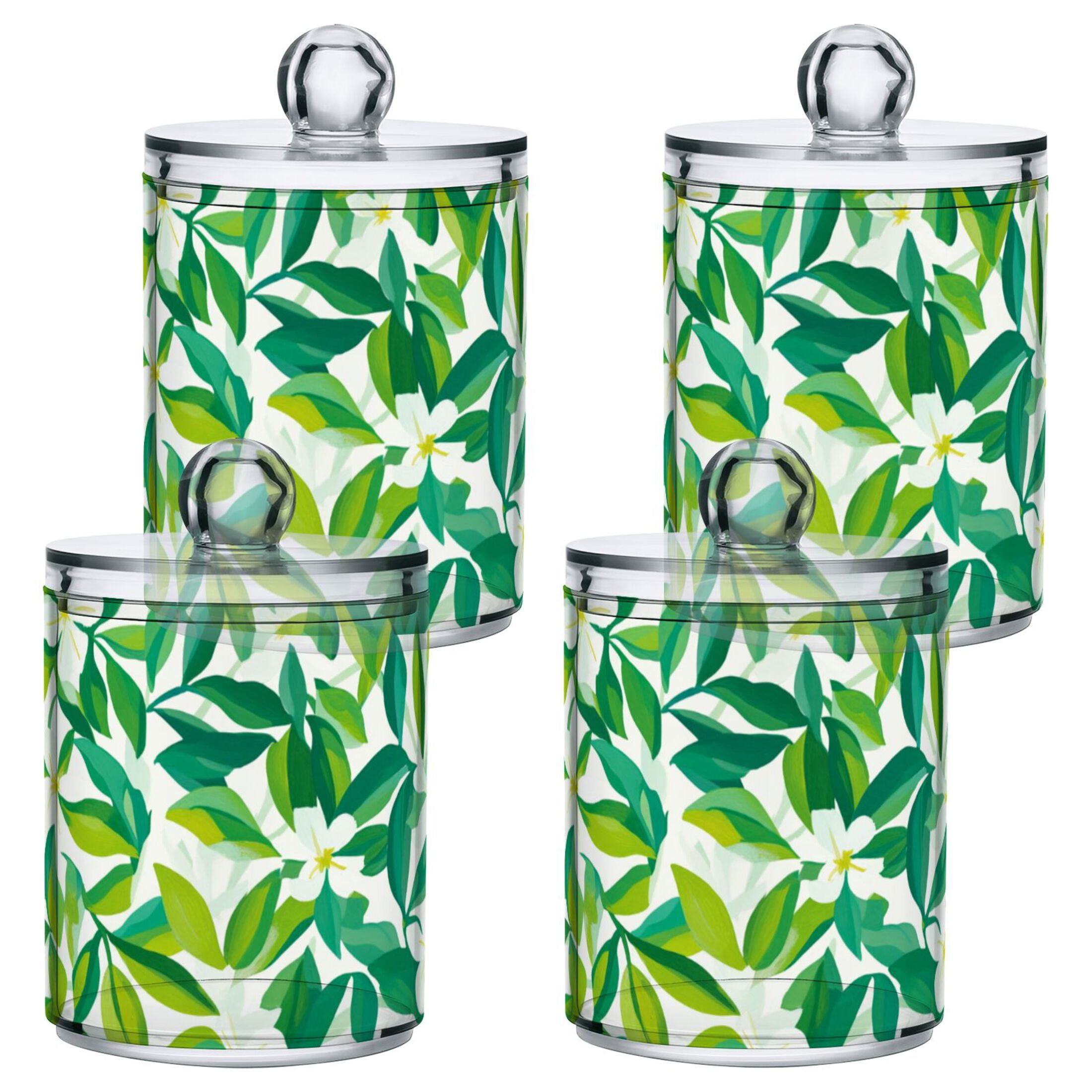 Green Leafy and Flowers Bathroom Canisters Set of 4 Translucent Plastic ...