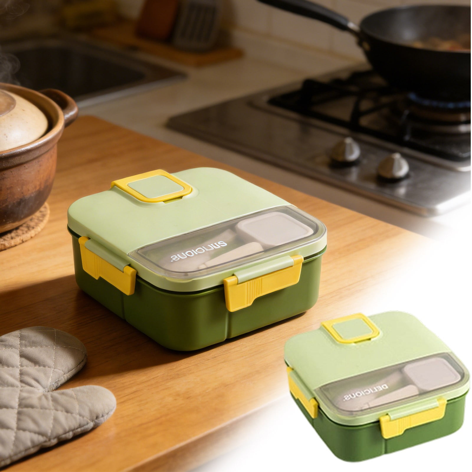 Green Leakproof Compartmentalized Lunch Box with Built-in Utensils ...