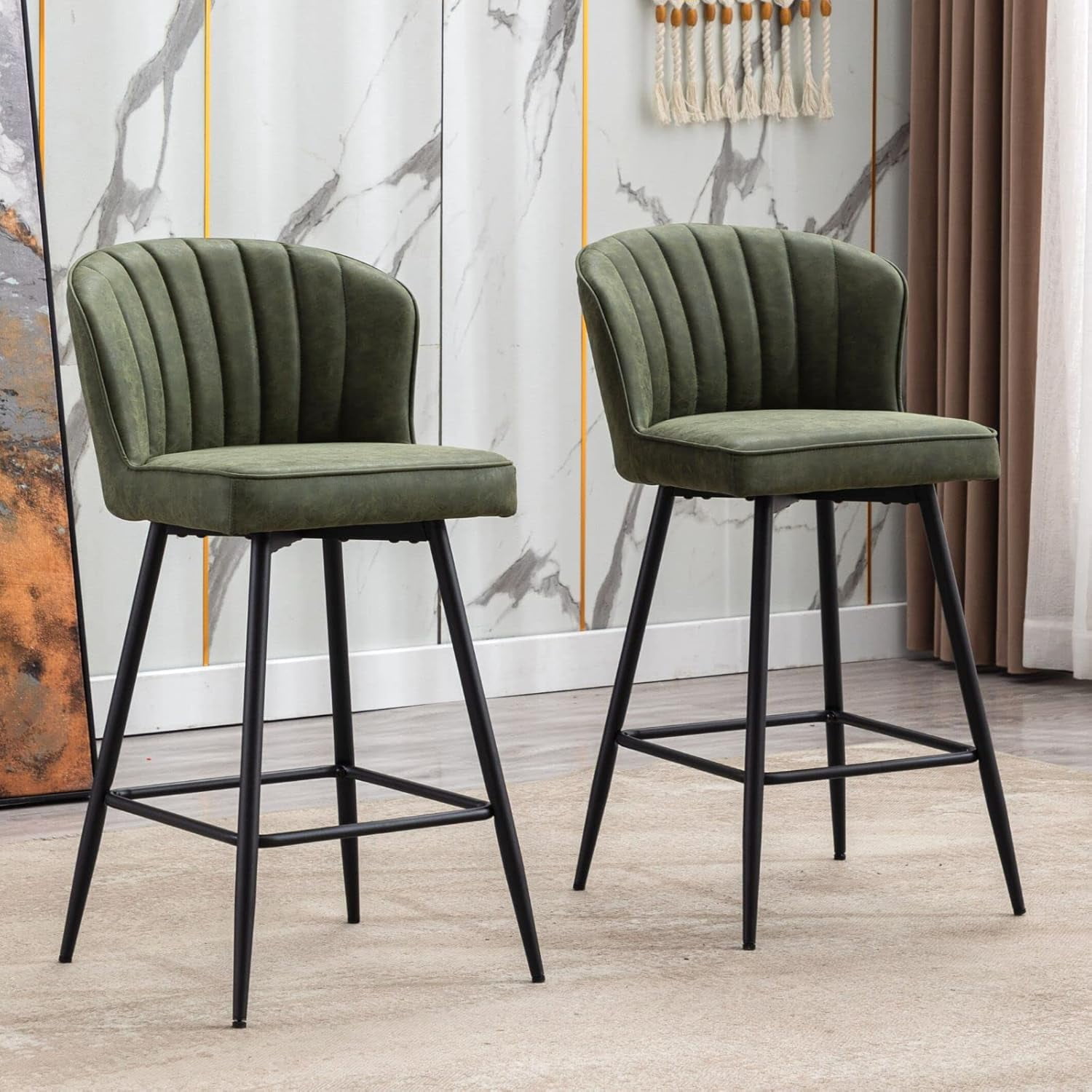 Green Leather Bar Stools Set of 2 Mid Century Modern Counter Stools 26 ...