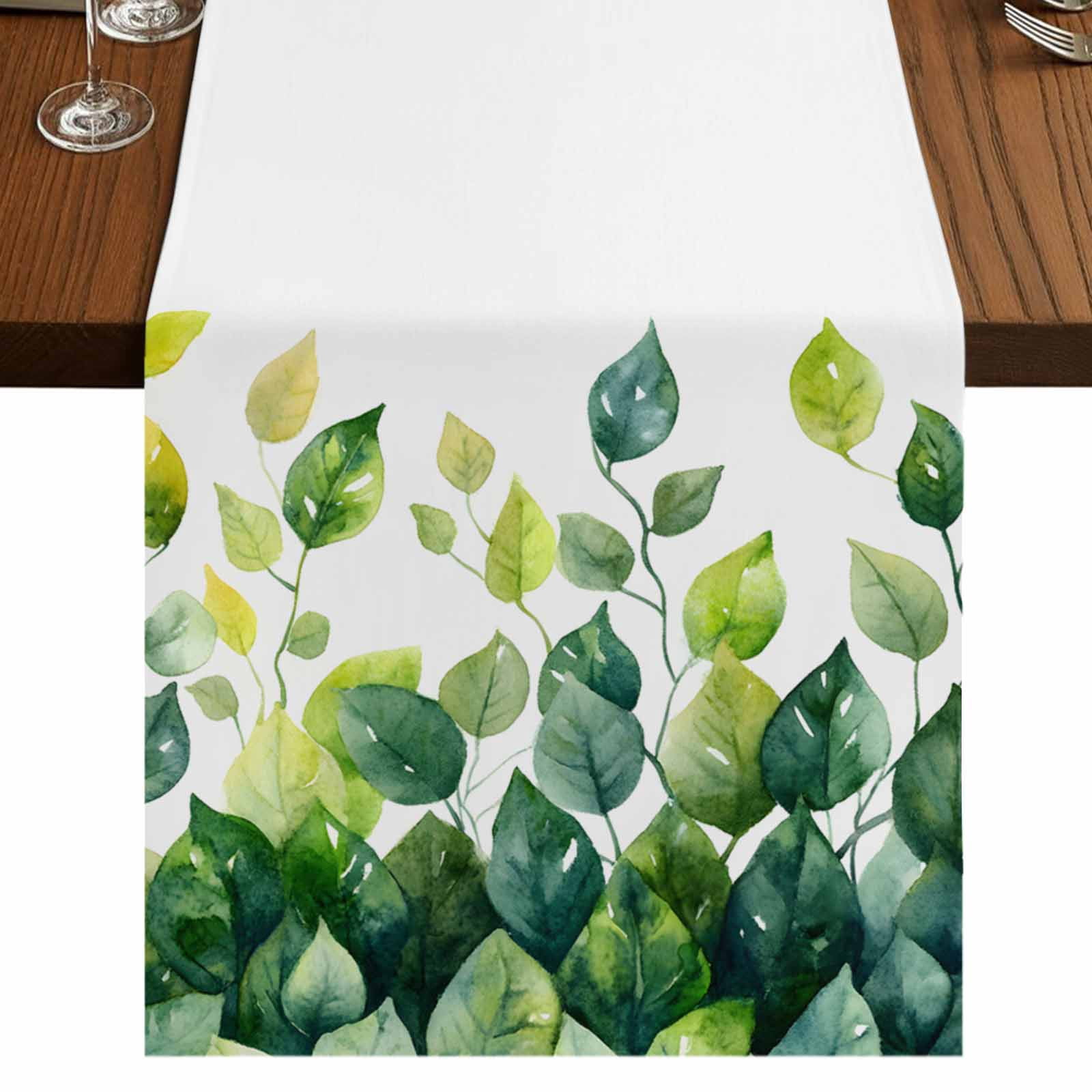 Green Leaves 120 Inch Table Runner, Country Simple Eucalyptus Leaf ...