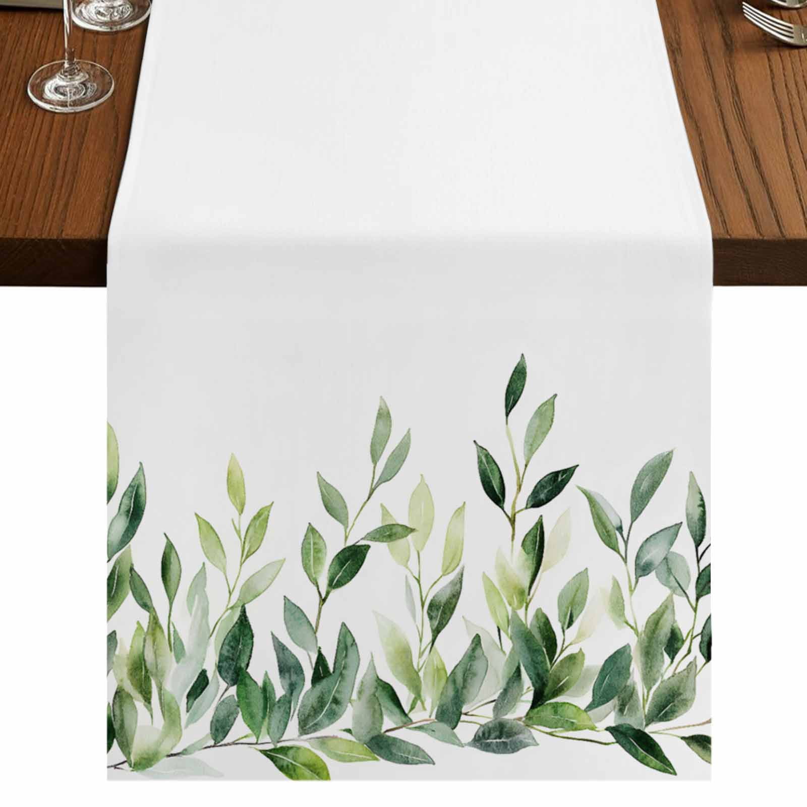 Green Leaves 120 Inch Table Runner, Farmhouse Simple Botanical Plants ...