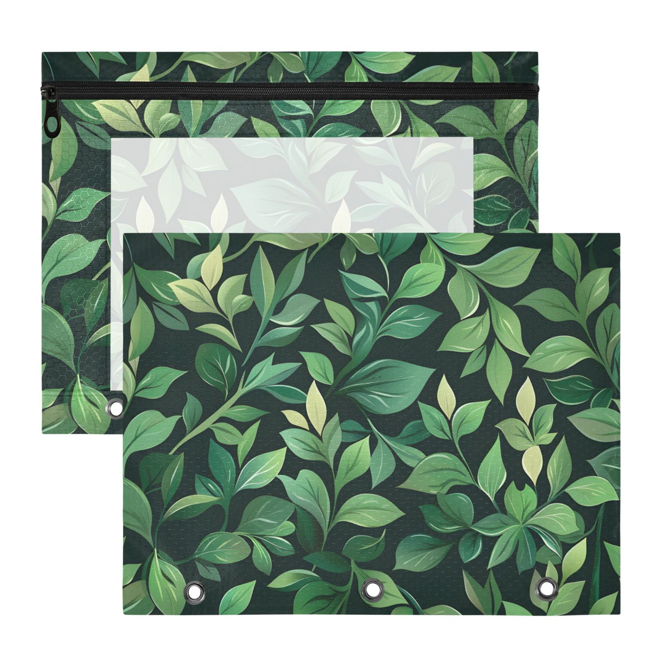 Green Leaves 3-Ring Binder Pouches A4 Size Zipper Pocket File Storage 2 ...