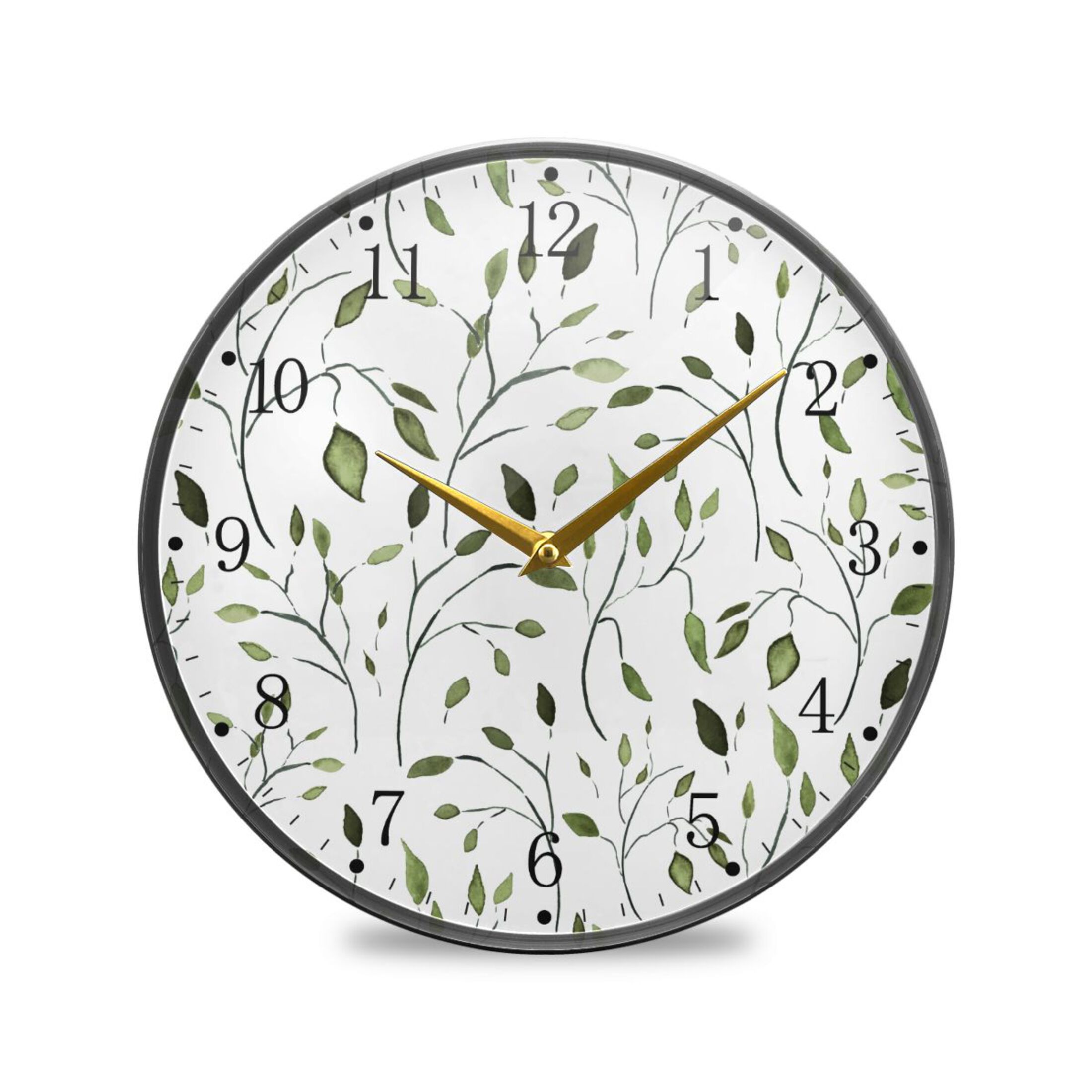 Green Leaves Acrylic Wall Clocks Quiet Round Clock Battery Operated Non ...