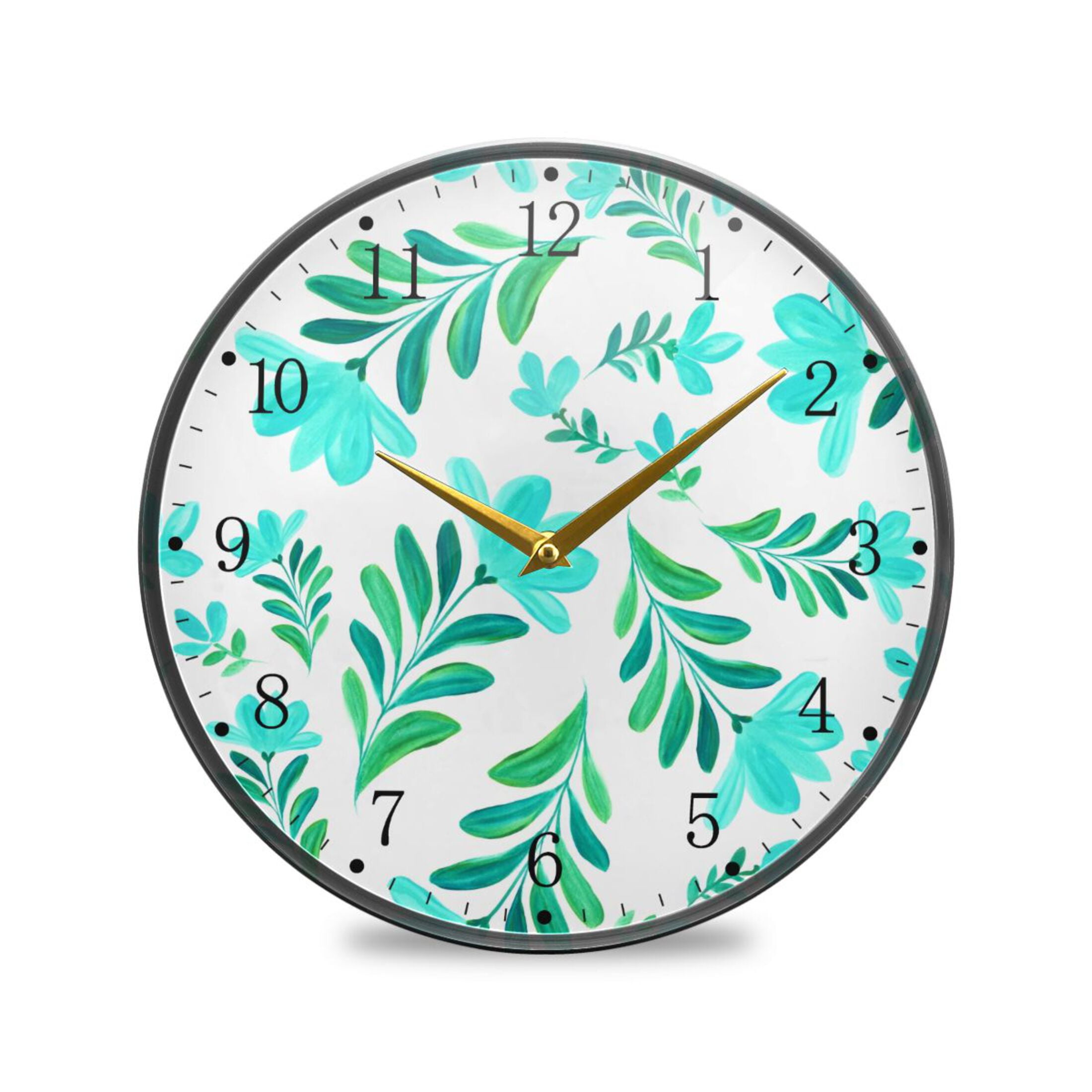 Green Leaves Acrylic Wall Clocks Quiet Round Clock Battery Operated Non ...