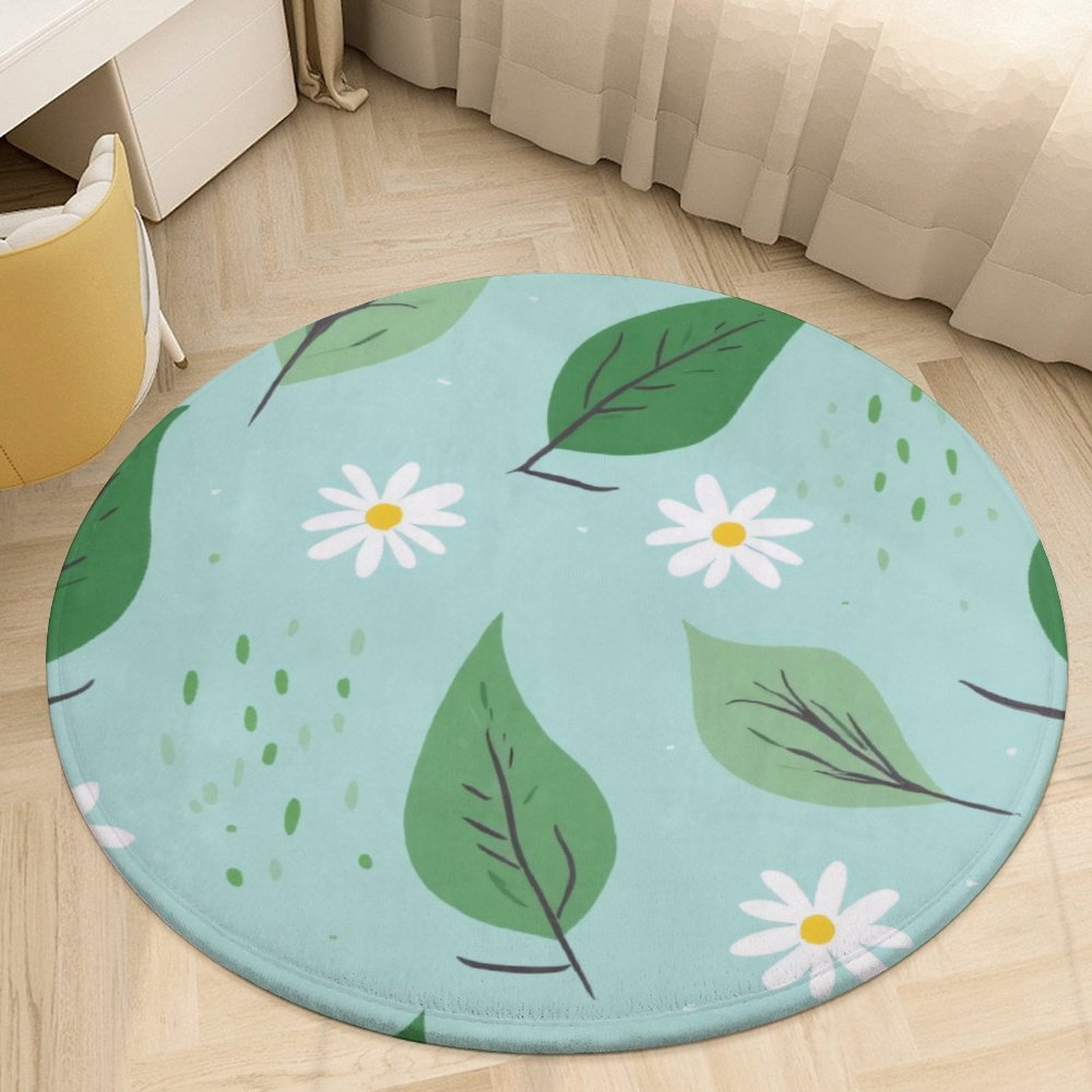 Green Leaves And White Daisies Pattern Round Area Rugs for Bedroom ...