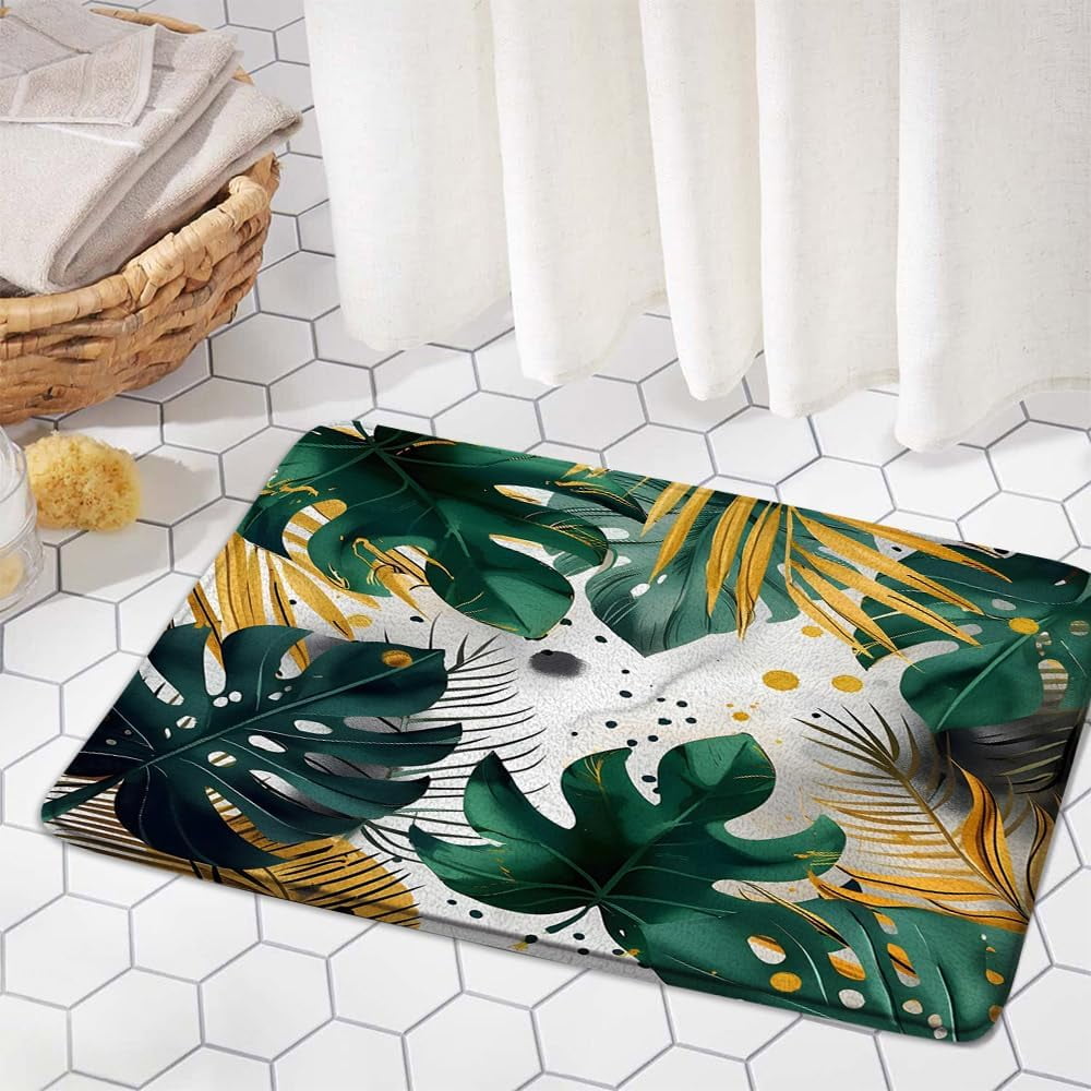 Green Leaves Bath Mat Tropical Abstract Boho Rustic Plants Leaf Rural ...
