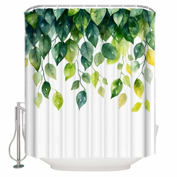 Green Leaves Bathroom Shower Curtains with 12 Hooks Polyester ...